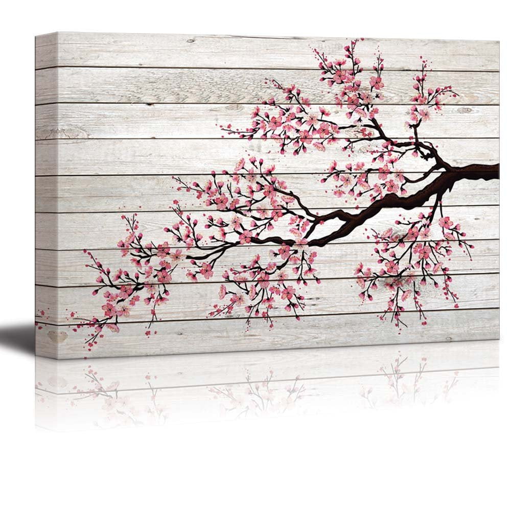 wall26 - Illustration of a Cherry Blossom Branch Over Wood Panels ...