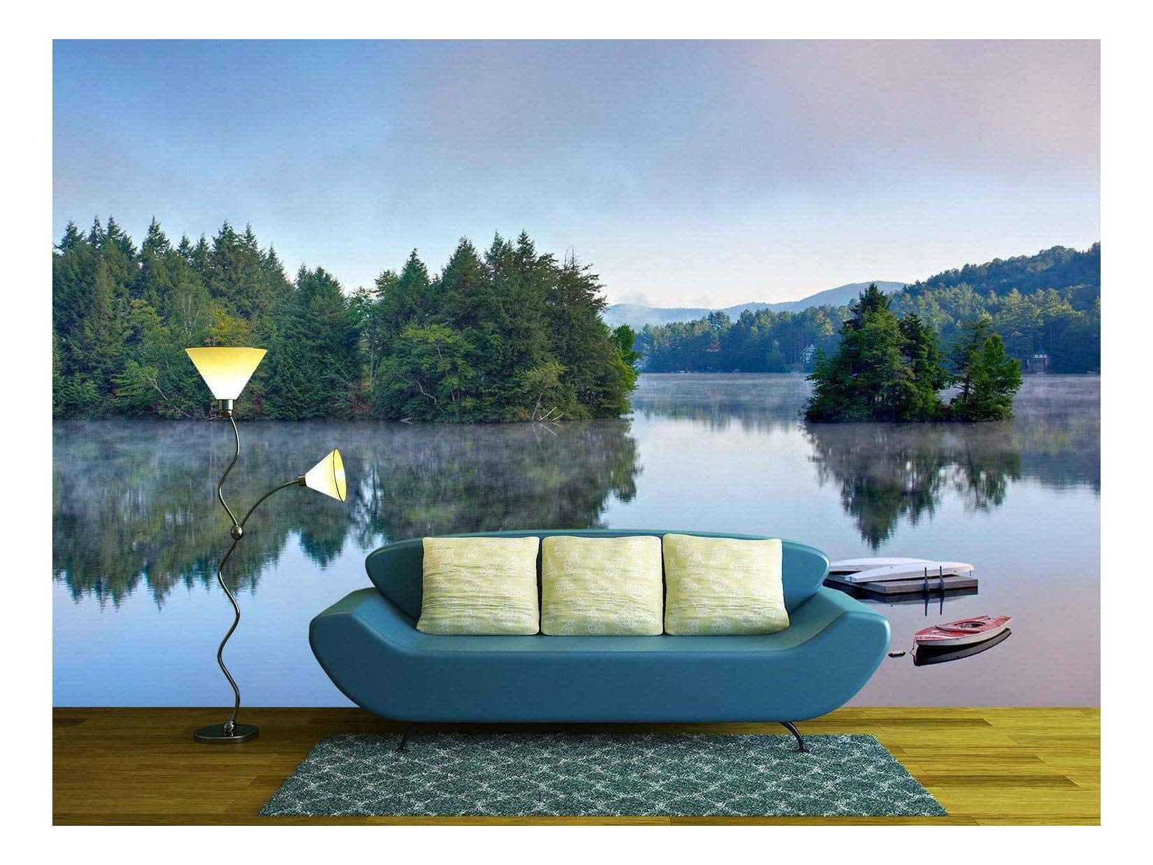 wall26 - a Lake in The Early Morning with Fog on The Water. a Boat and ...