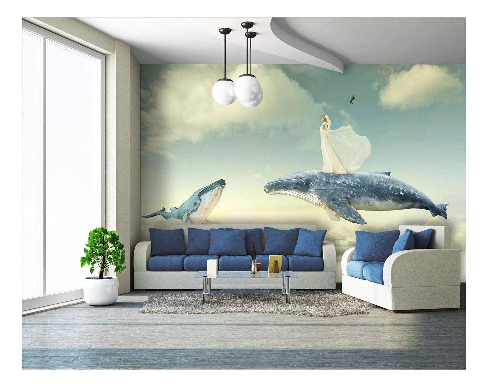 wall26 - Large Wall Mural - Fantasy Series - Girl and Flying Whales ...