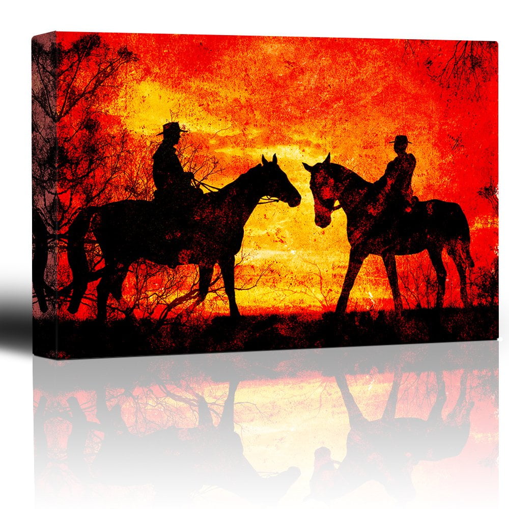 wall26 - Meeting at Sunset - Two Riders Meet Riding Horses - Orange and ...