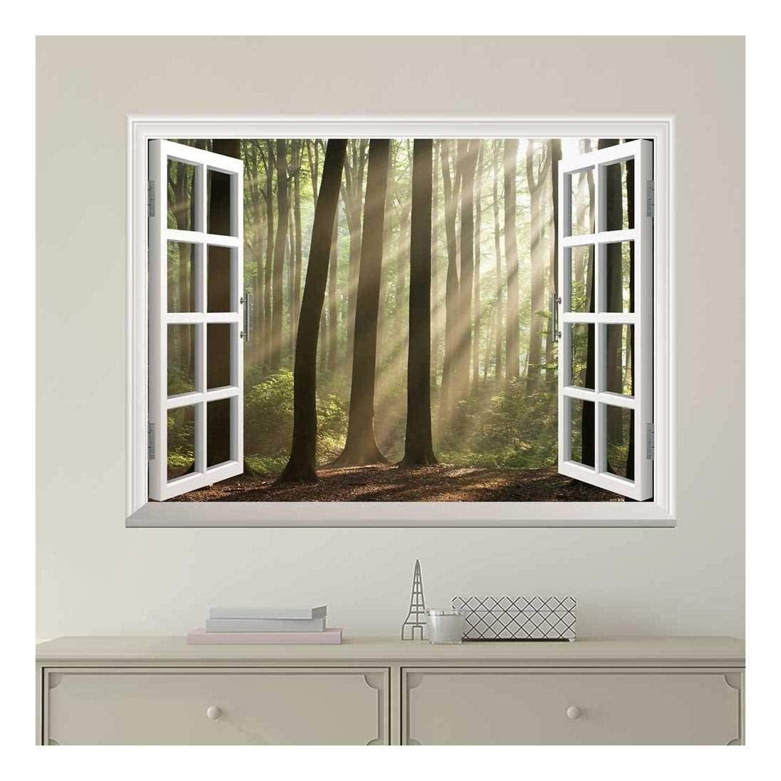 wall26 - Modern White Window Looking Out Into a Foggy Forest with Rays ...