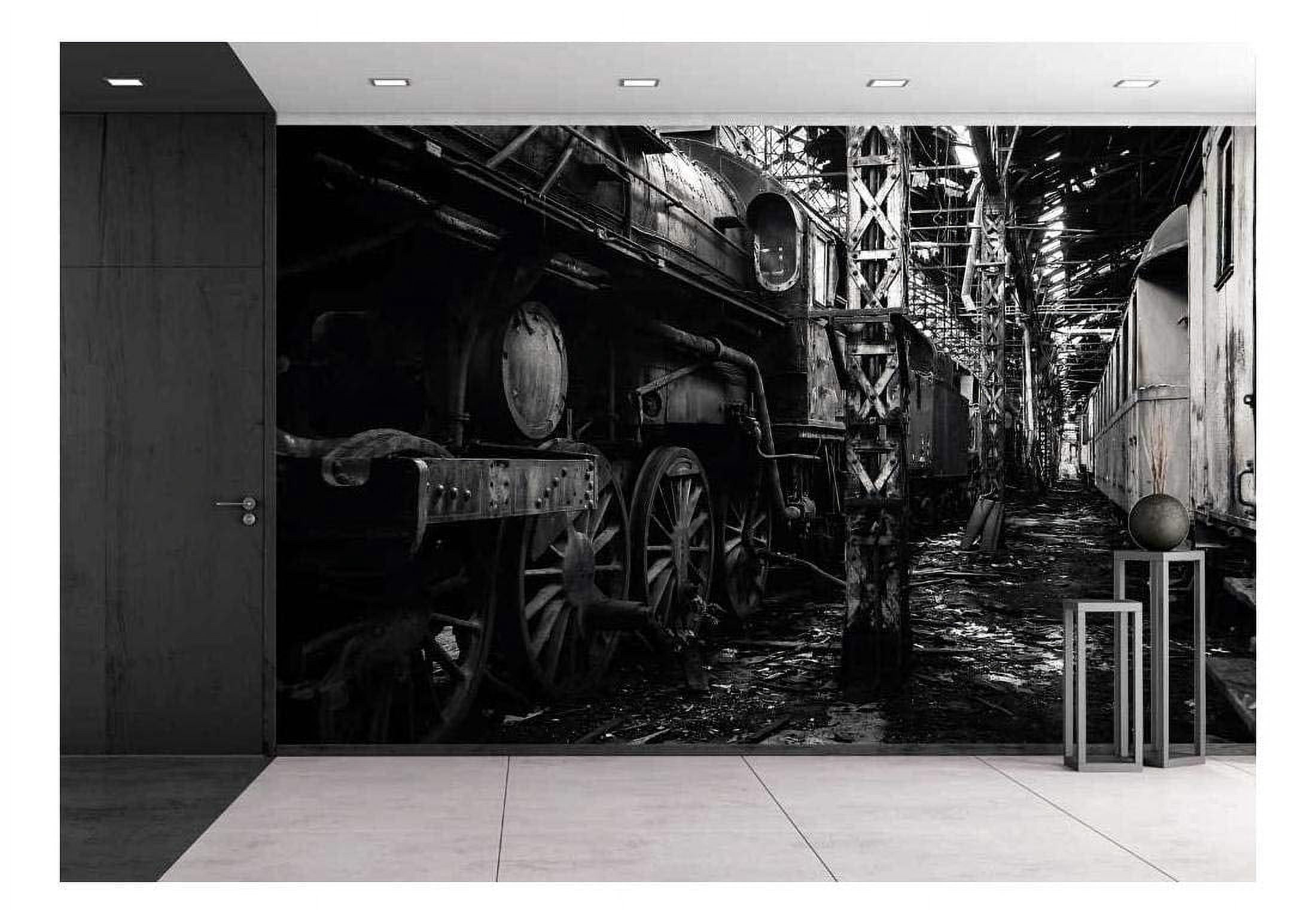 wall26 - Old Trains at Abandoned Train Depot - Removable Wall Mural ...