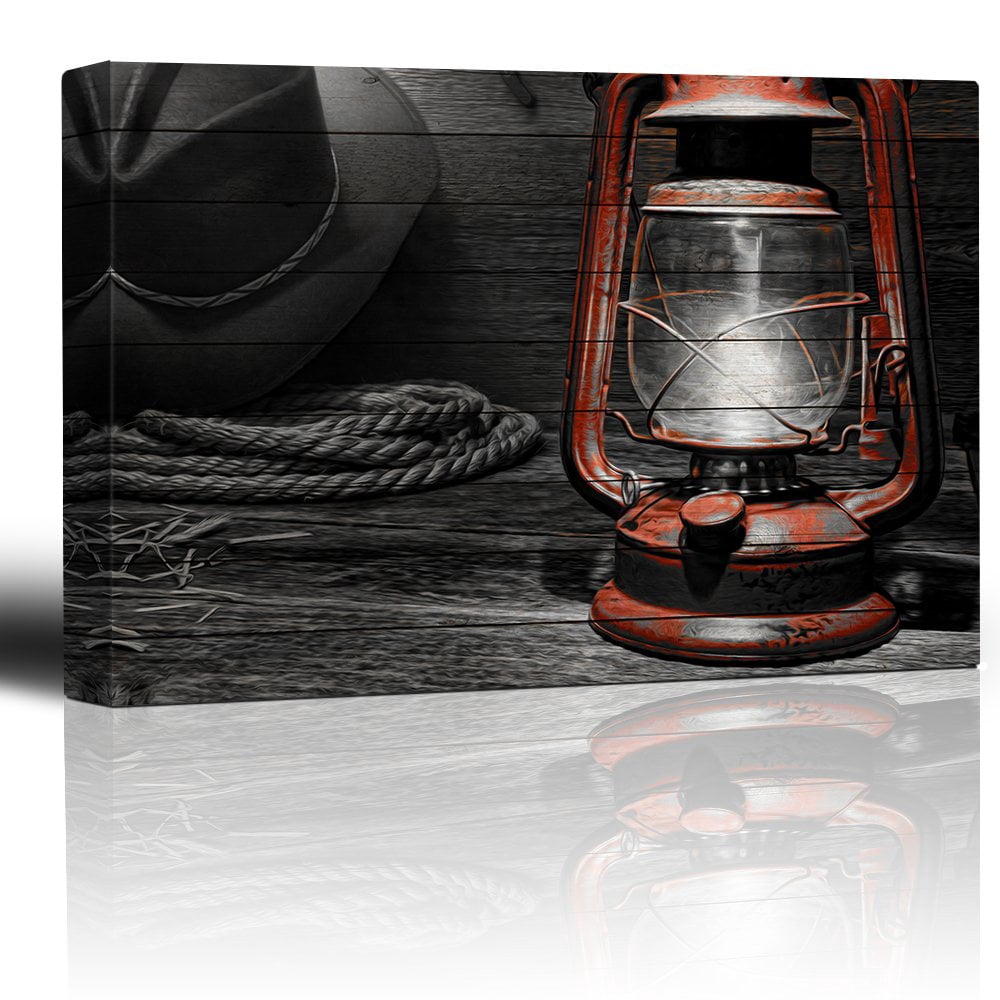 wall26 - Painted red Lantern in a Rustic barn - Cowboy hat and Rope in ...