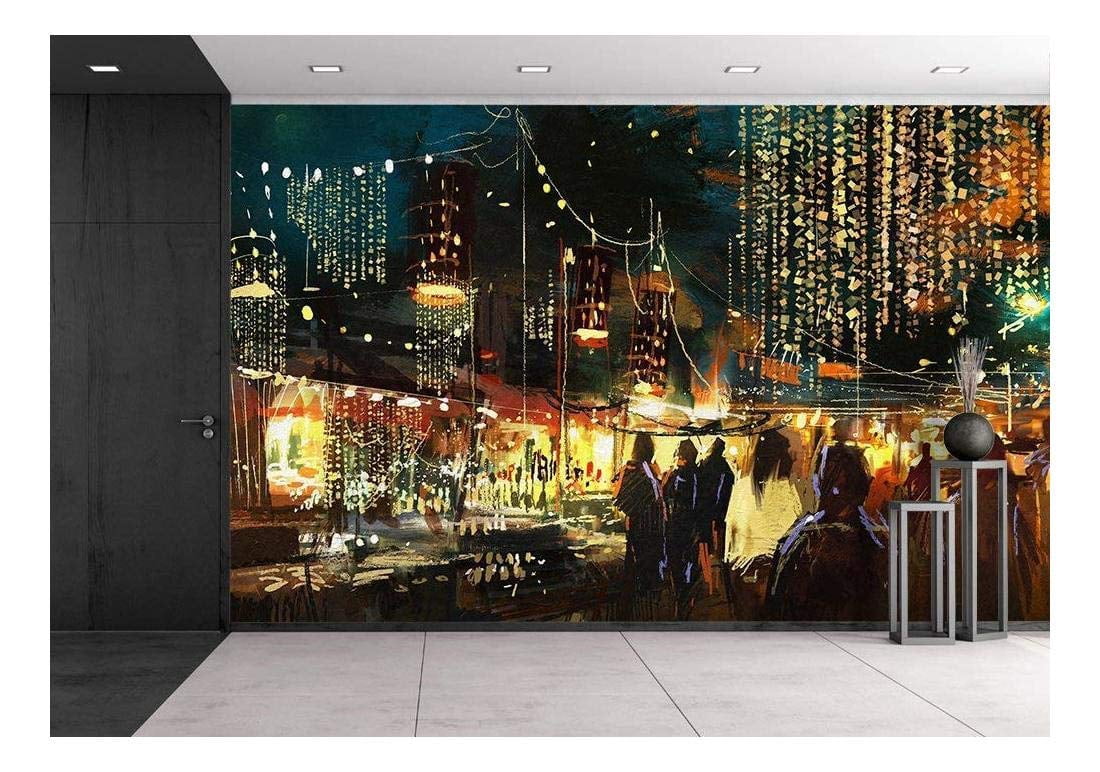 wall26 - Painting of Shopping Street City with Colorful Nightlife ...