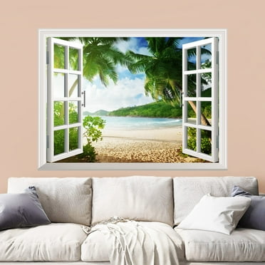 Large 3D Beach Sea Window Decal Wall Sticker, Exotic Beach View Art ...