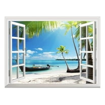 Large 3D Beach Sea Window Decal Wall Sticker, Exotic Beach View Art ...