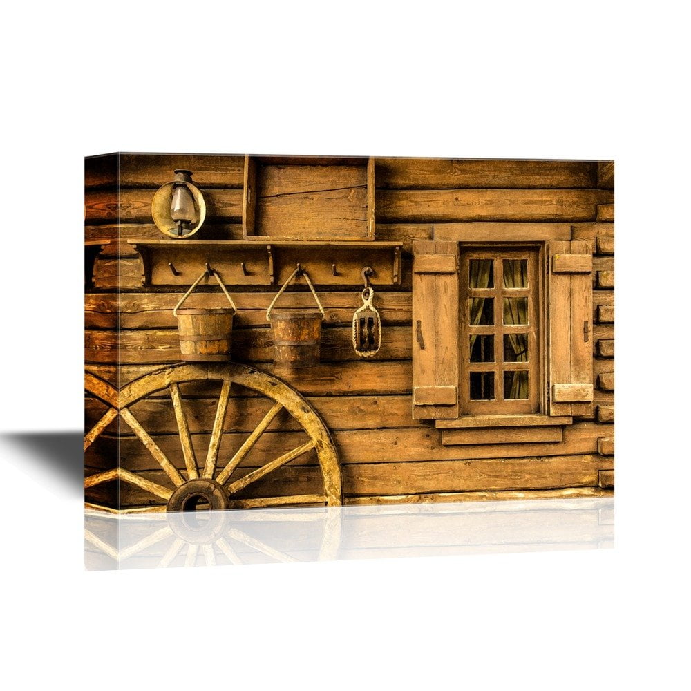 wall26 Retro Style Canvas Wall Art - Detail of Old Wagon Wheel Next to ...