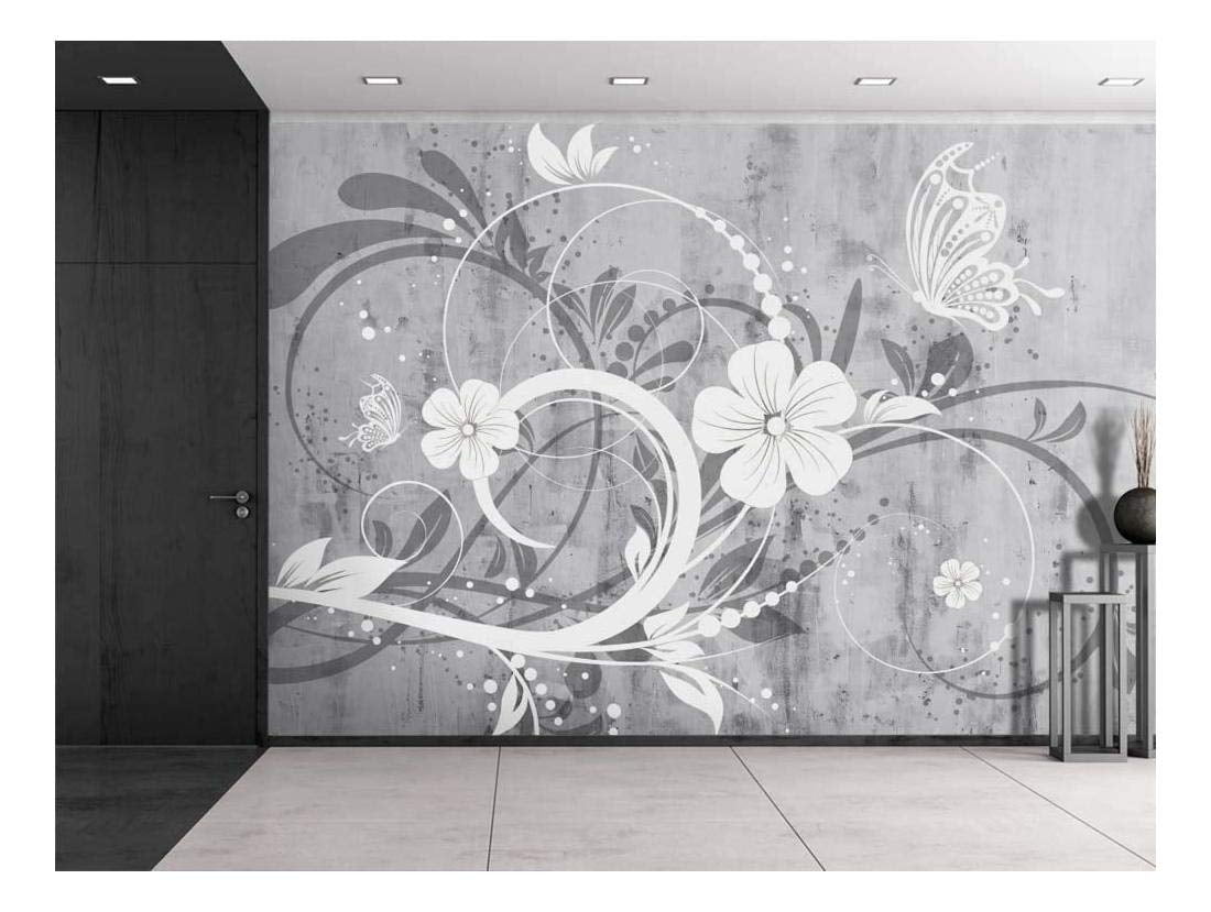 wall26 - Spiral Floral Graphic on a Grayscale Grungy Texture with a ...