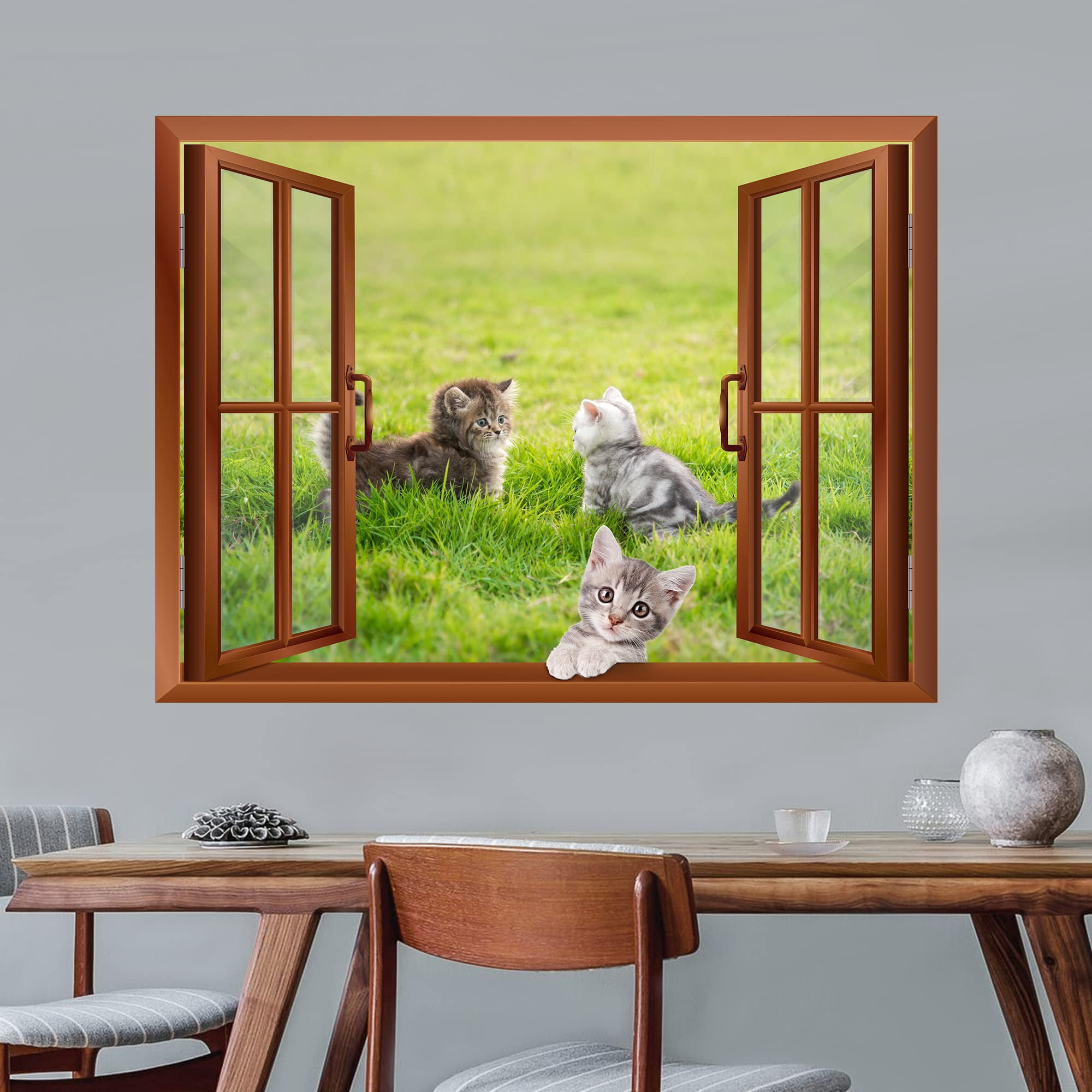 wall26 - Three Little Kittens Playing on The Grass Outside of an Open ...