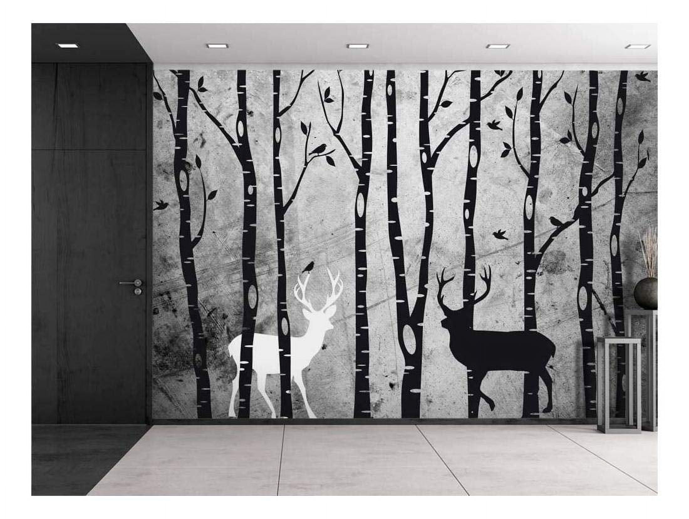 wall26 - Trees and Deer Illustrations Over a Grungy Texture Background ...