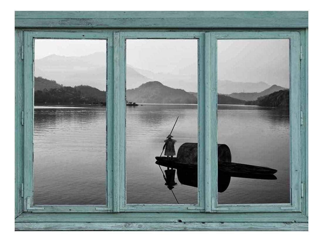 wall26 Vintage Teal Window Looking Out Into a Black and White Boat on a ...