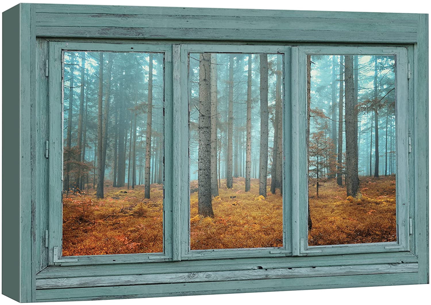 wall26 - Vintage Teal Window Looking Out Into a Blue Foggy Forest ...