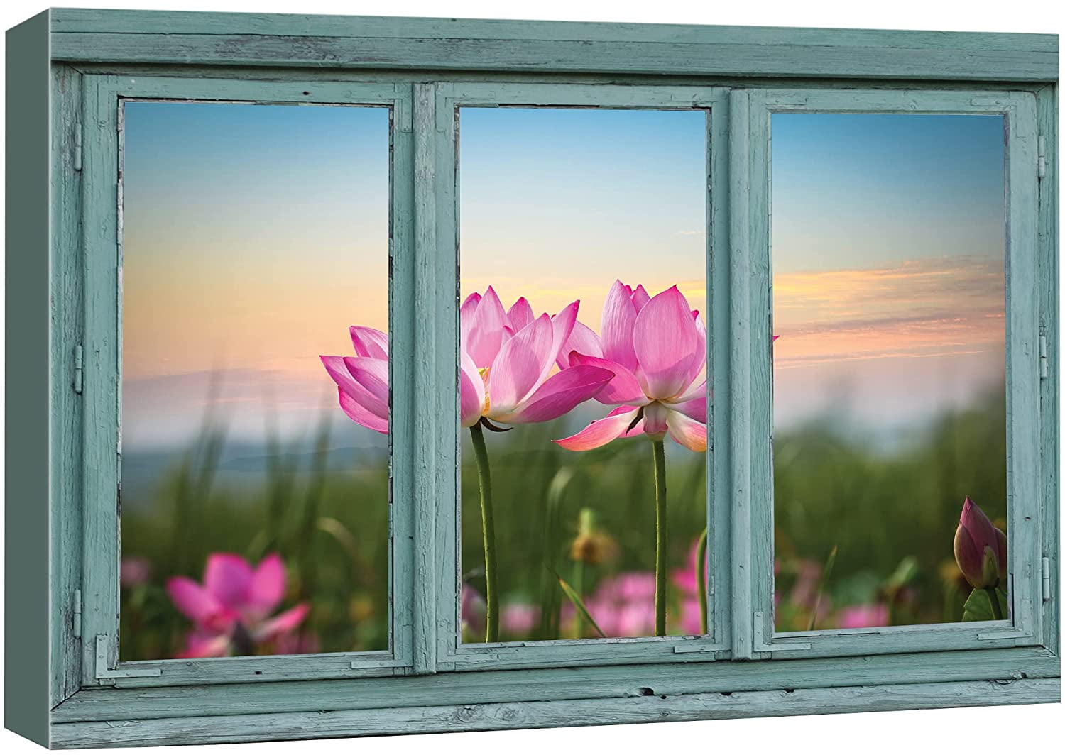 wall26 - Vintage Teal Window Looking Out Into a Field of Lotus Flowers ...