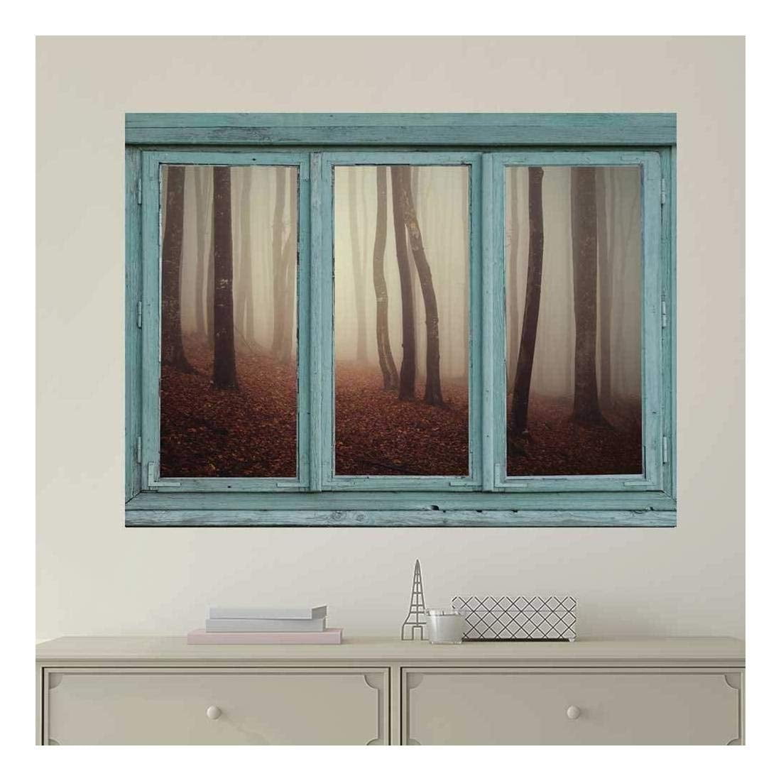 wall26 - Vintage Teal Window Looking Out Into a Foggy Sepia Forest ...