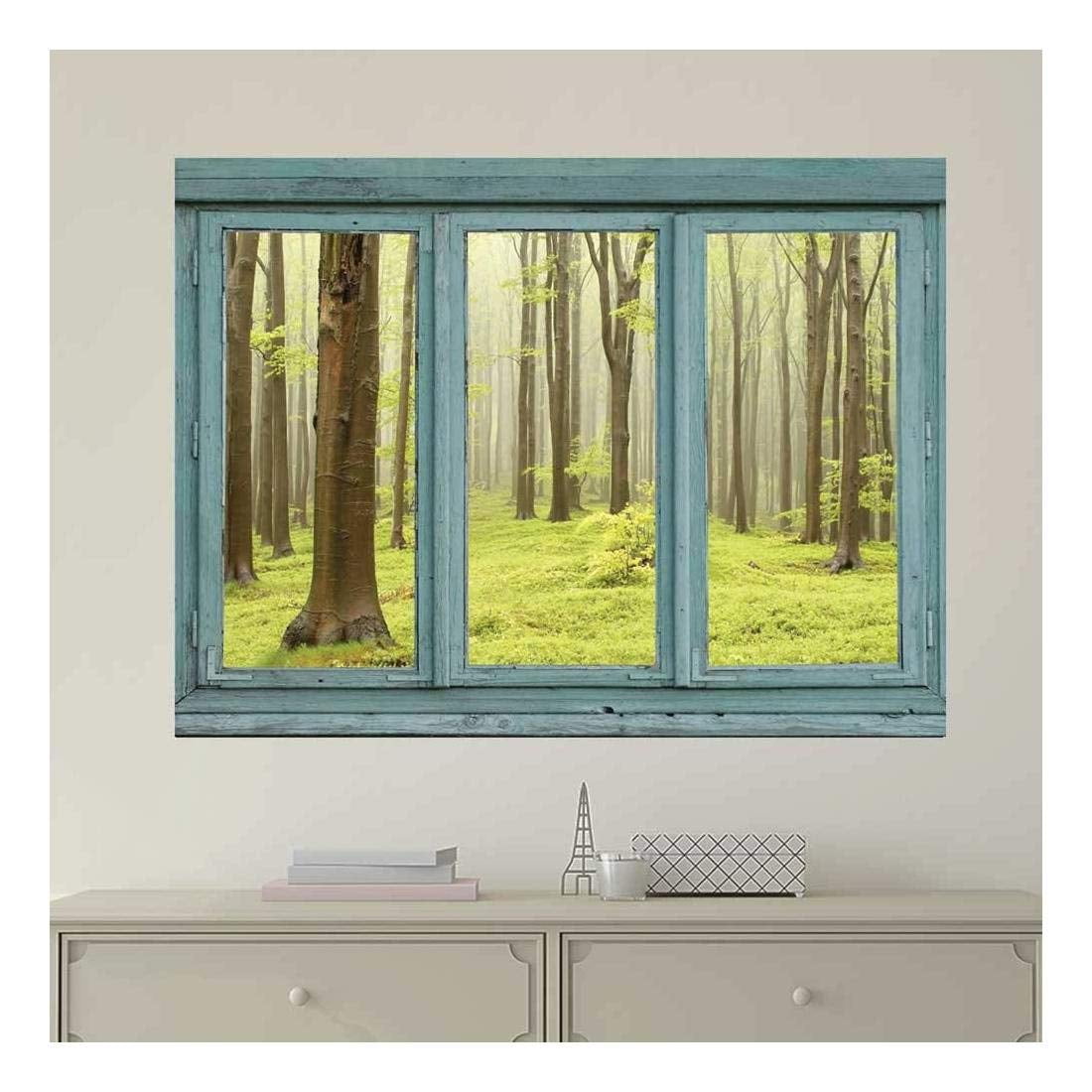 wall26 - Vintage Teal Window Looking Out Into a Green Foggy Forest ...