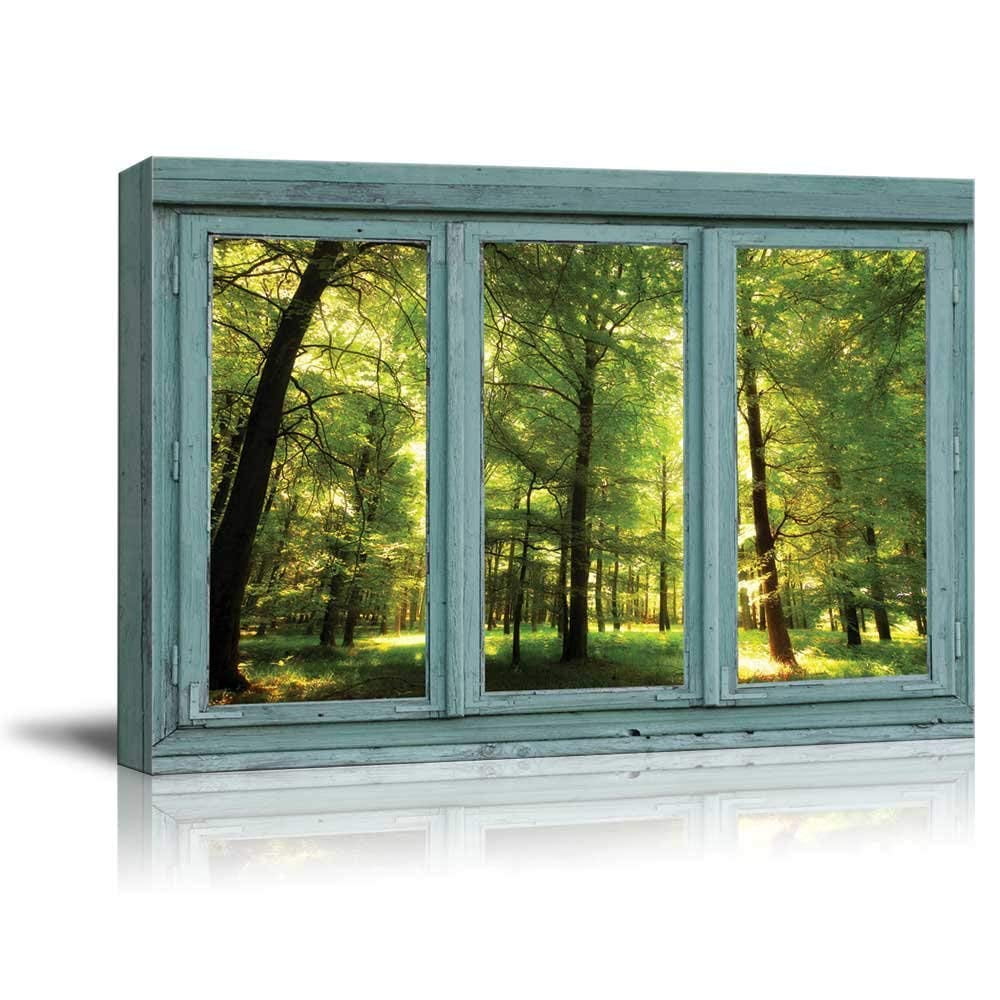 wall26 - Vintage Teal Window Looking Out Into a Green Forest and Sun ...