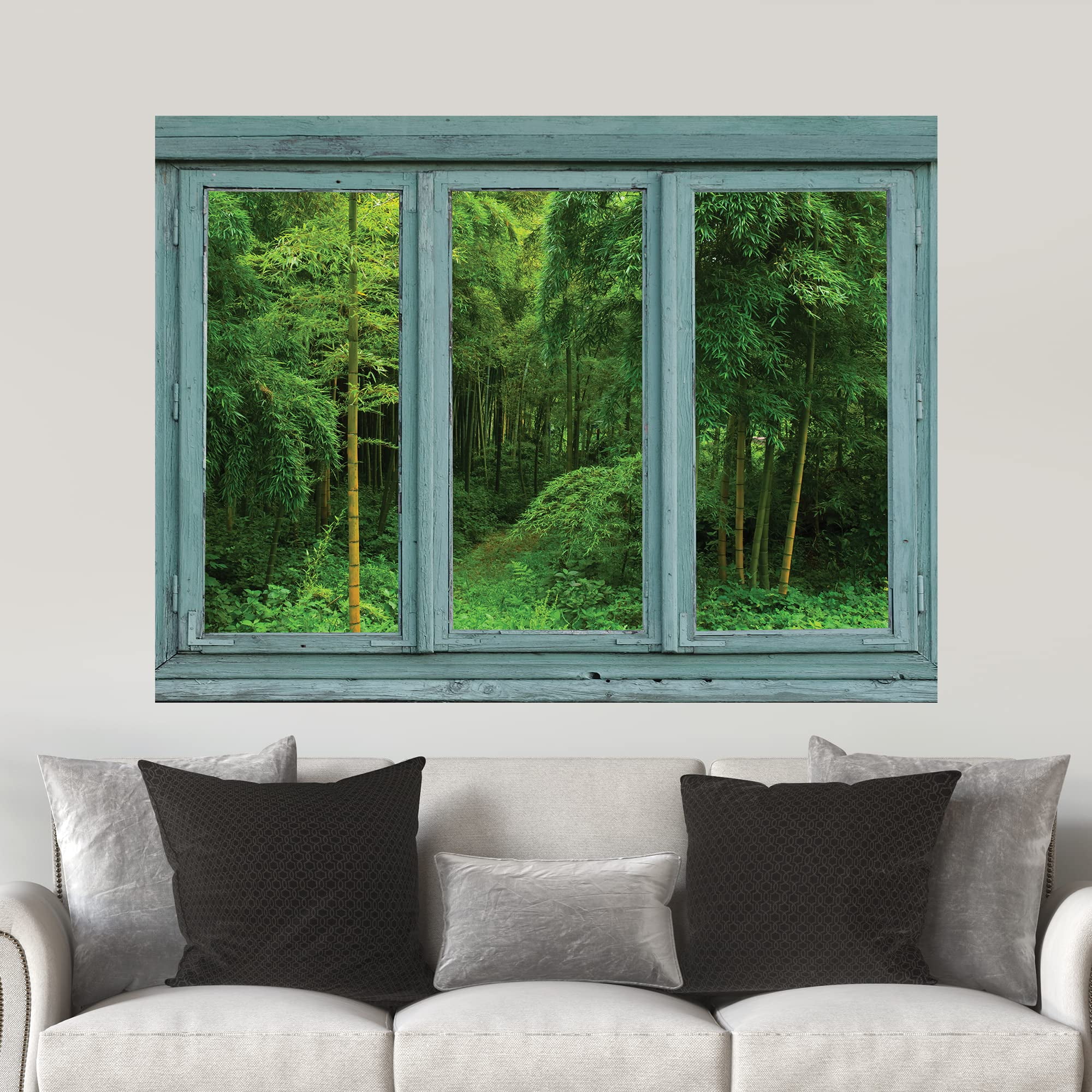 wall26 - Vintage Teal Window Looking Out Into a Green Jungle with a ...