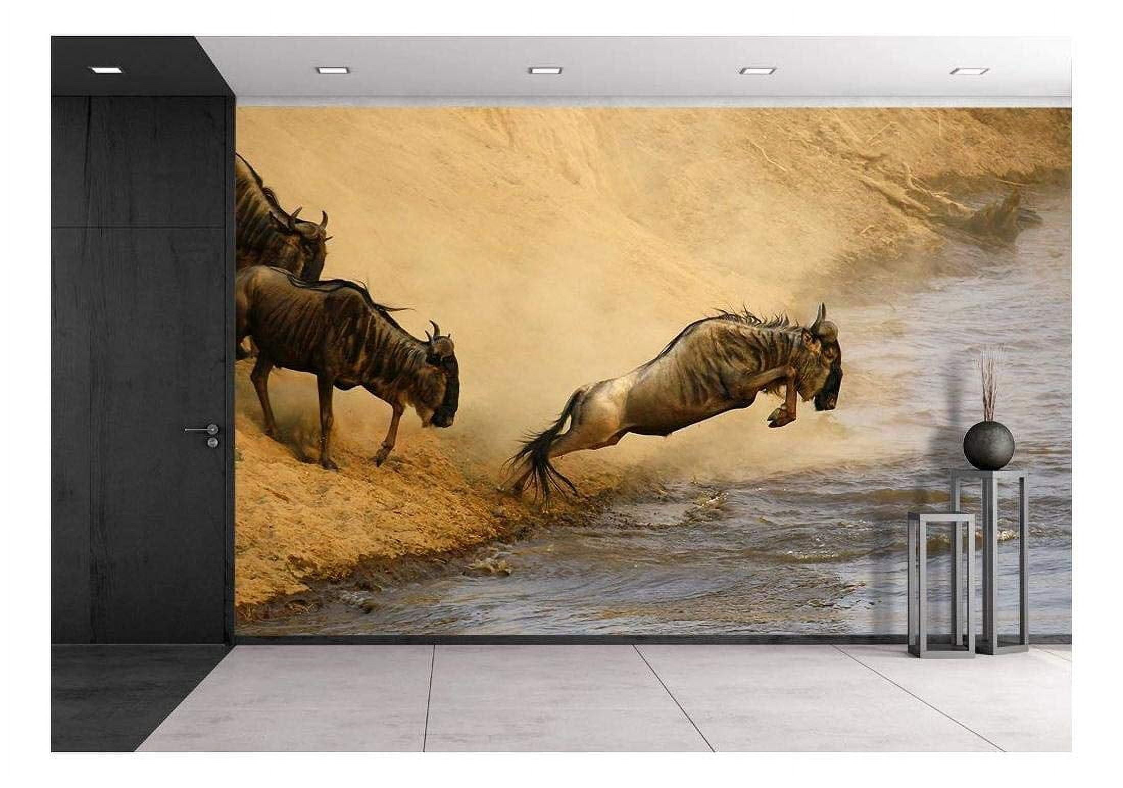 wall26 - Wildebeest Jumping Crossing The Mara River - Removable Wall ...