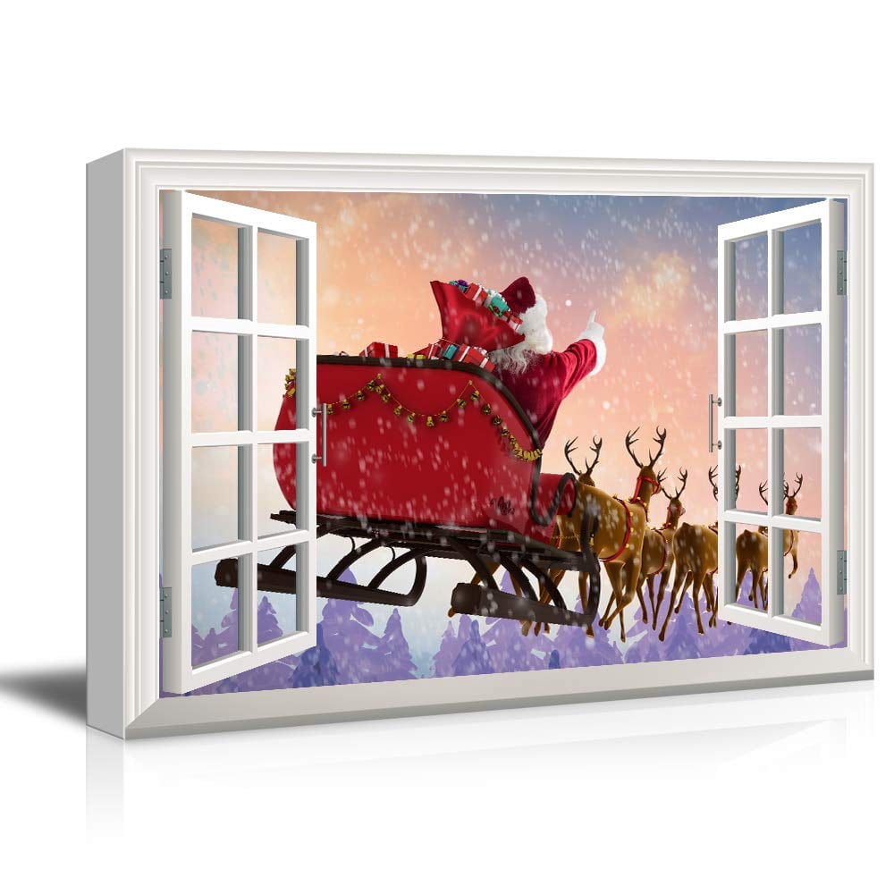 wall26 - Window Frame Style Canvas Wall Art - Santa Claus in The Flying ...