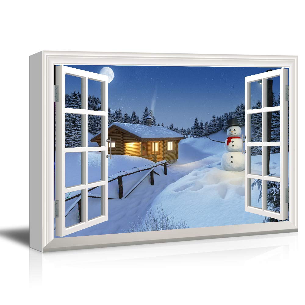 wall26 - Window Frame Style Canvas Wall Art - Snow Covered Cottage and ...