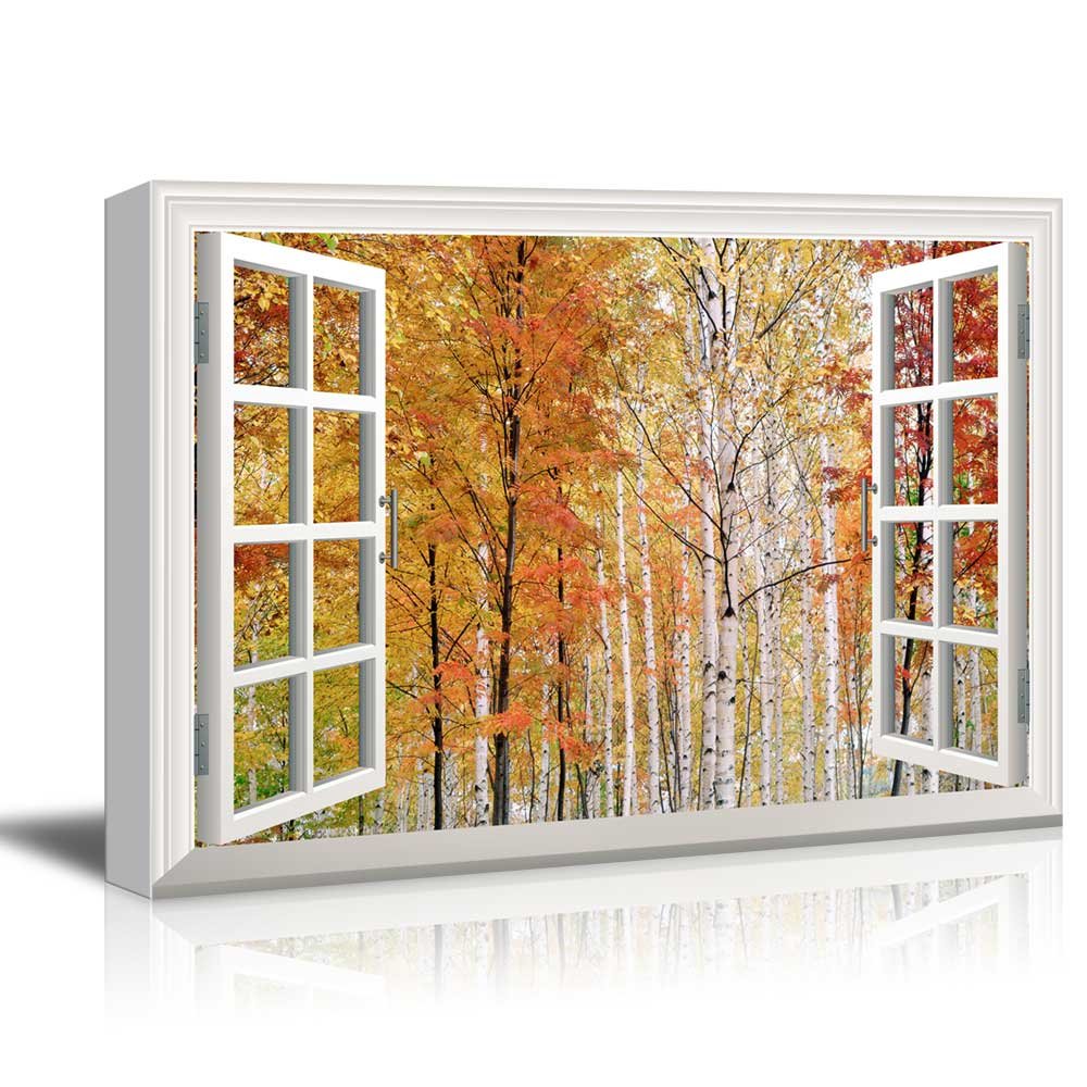 wall26 Window View Canvas Wall Art - Birch Tree Forest in Fall - Giclee ...