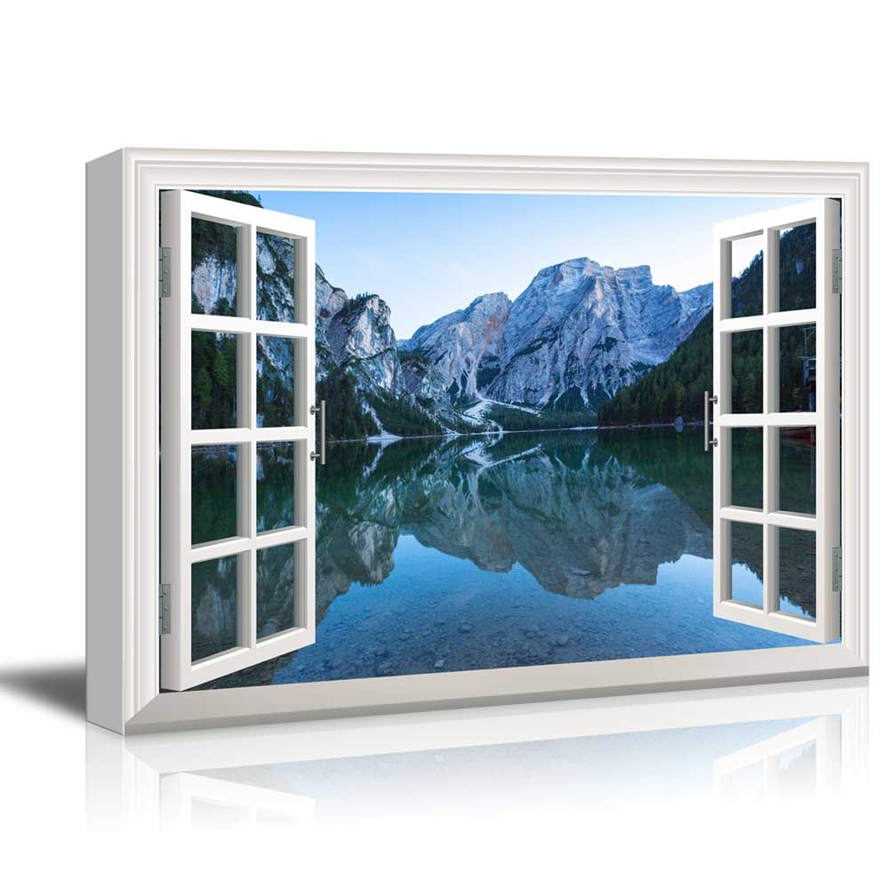 wall26 Window View Canvas Wall Art - Mountains Reflection on Calm Lake ...