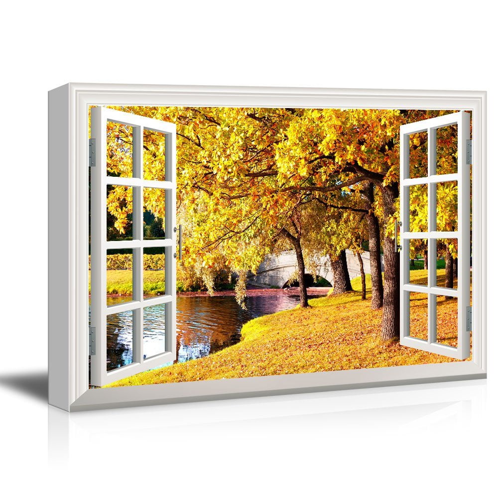 wall26 Window View Canvas Wall Art - Trees with Yellow Leaves in The ...