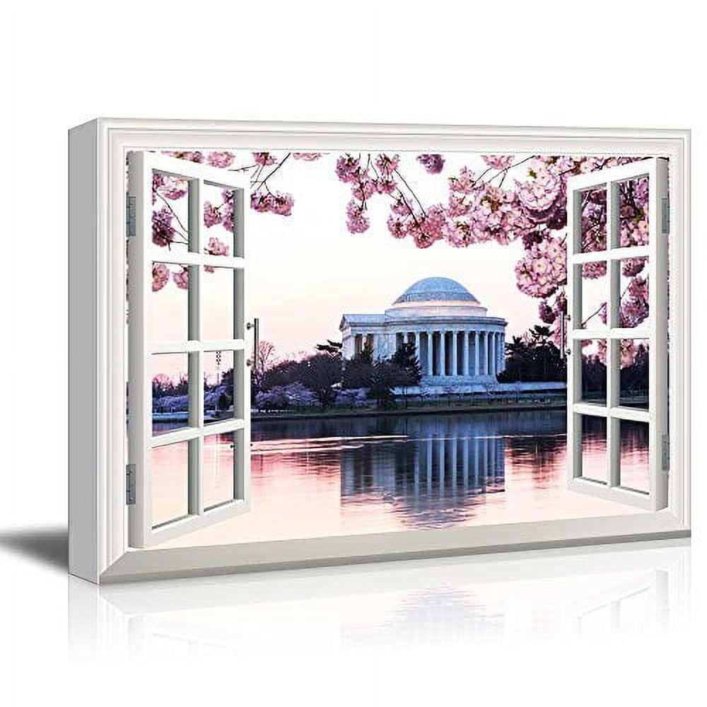wall26 Window View Canvas Wall Art - White Building and Cherry Blossom ...