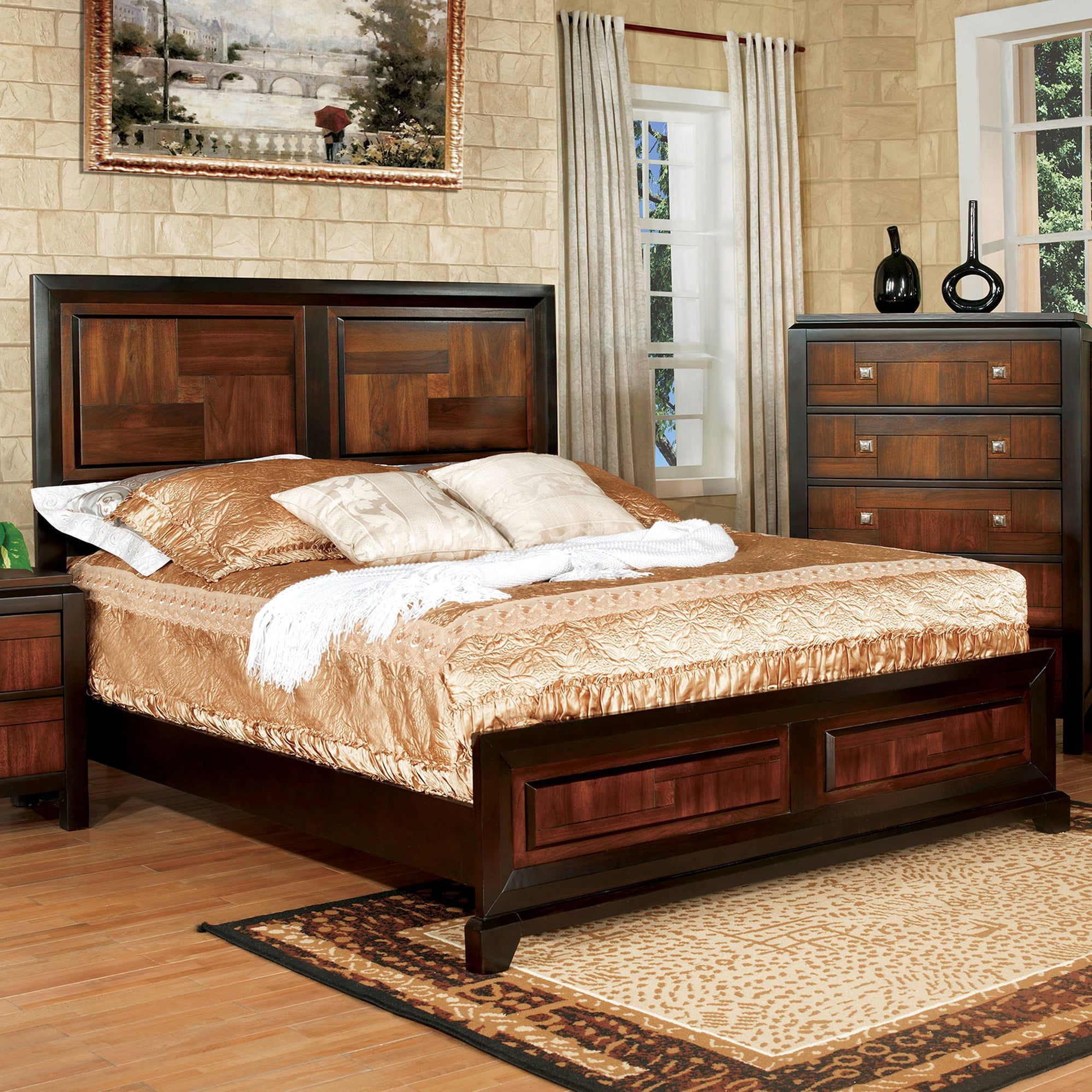 /walnut Queen Bed, Transitional Bedroom With Contemporary Parquet Solid ...