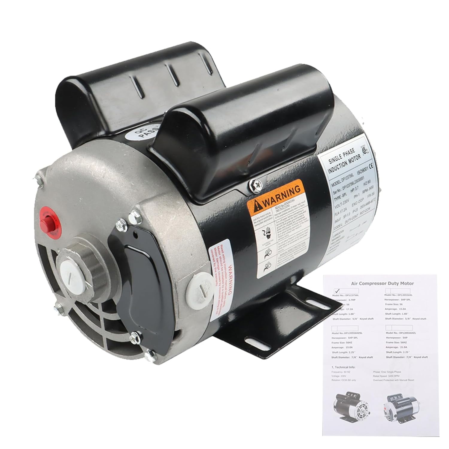 waltyotur Air Compressor Motor 3.7 HP 3450 RPM 230 Volt 56 Frame 1 ...