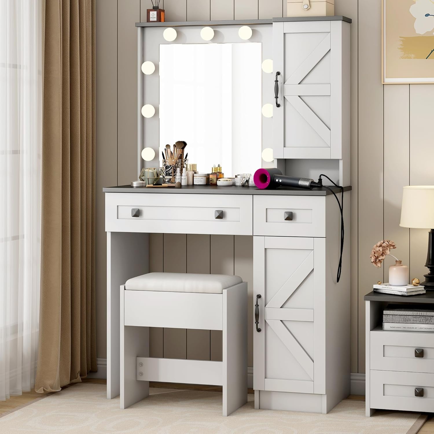 wanan 31.5" Makeup Vanity Desk with Mirror and Light, Farmhouse Vanity ...