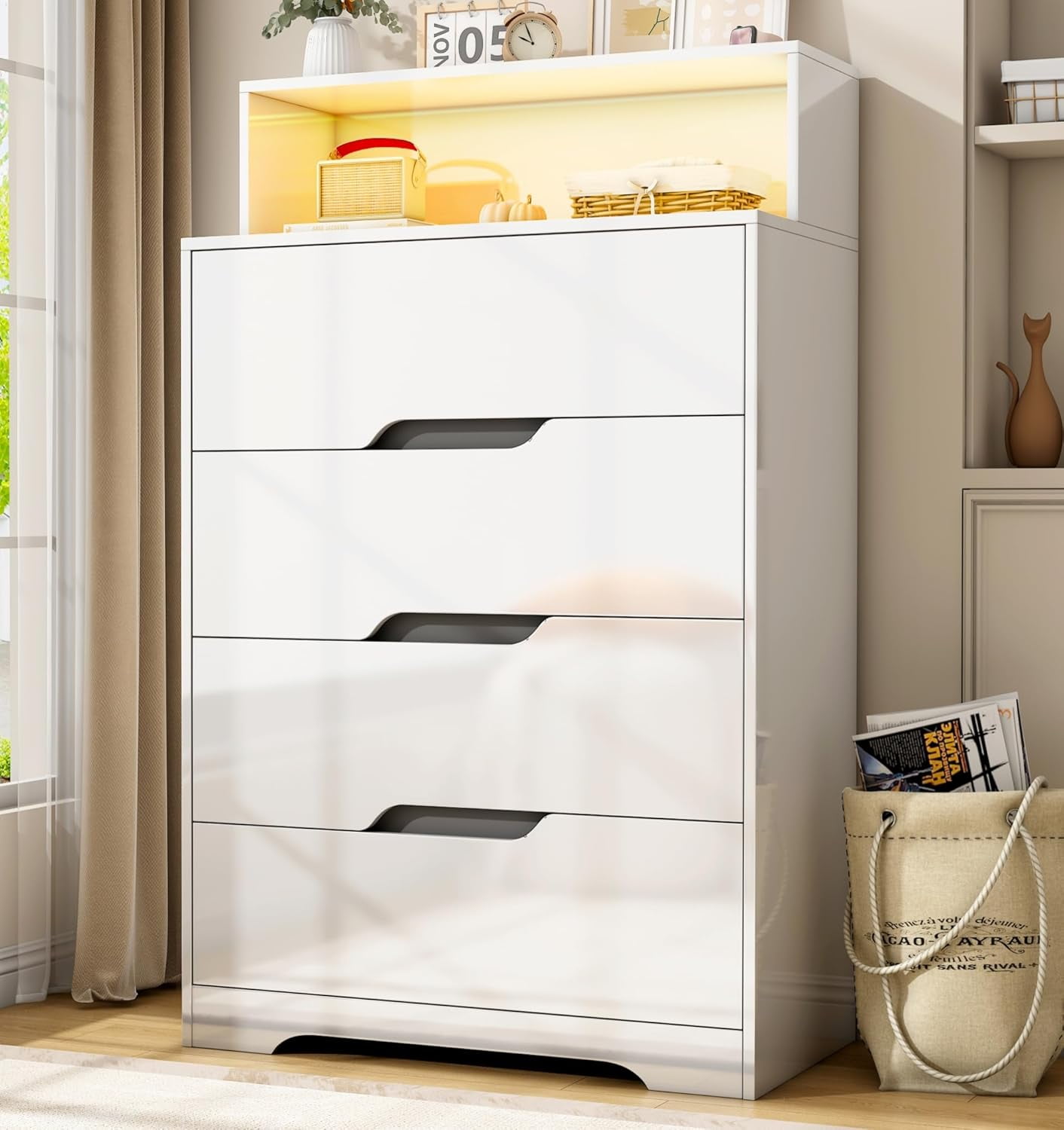 wanan Glossy White Dresser with LED Light, 47.2" Modern Dresser and ...