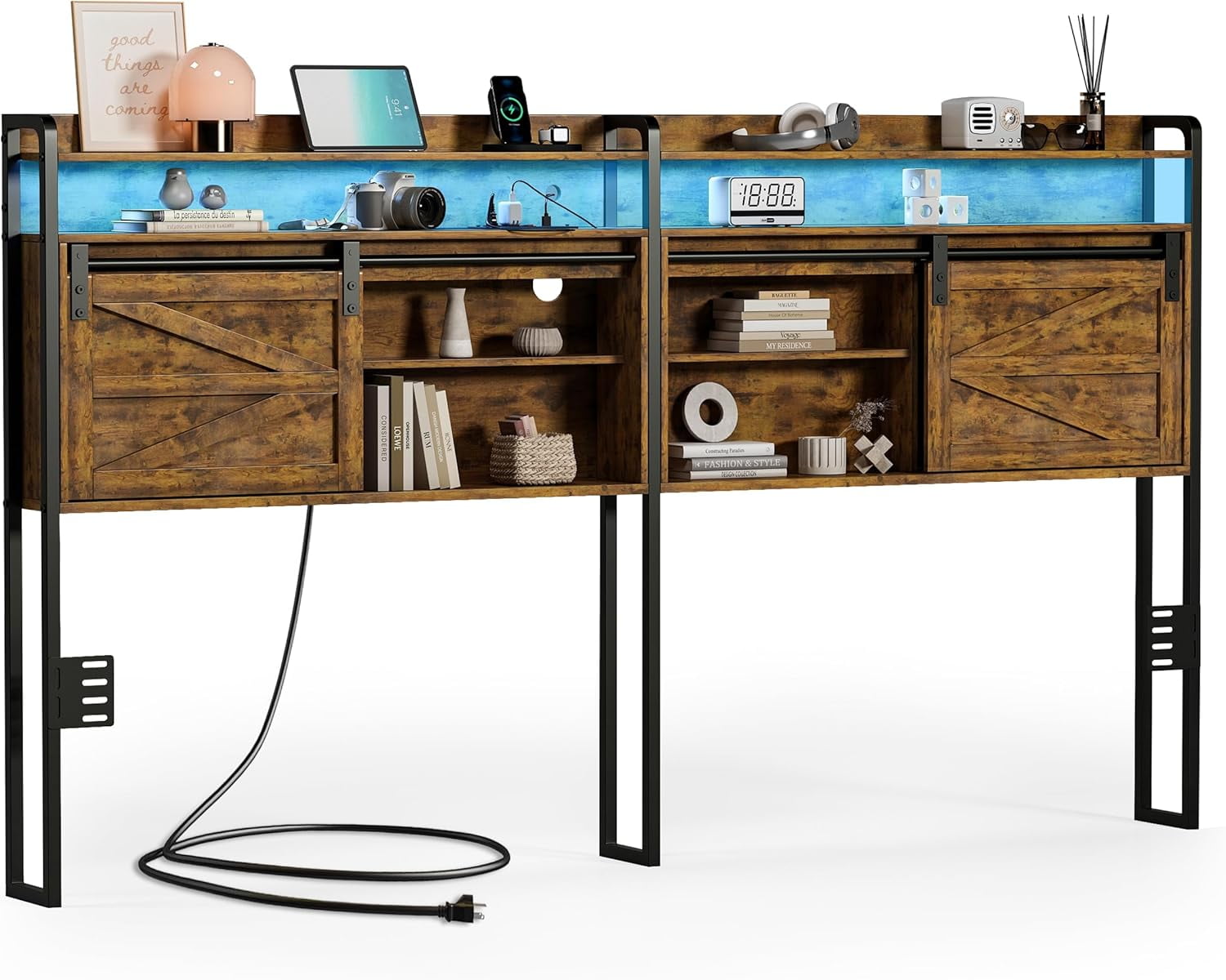 wanan King Size Headboard with Storage, 3 Tier, LED Light, Sliding Barn ...