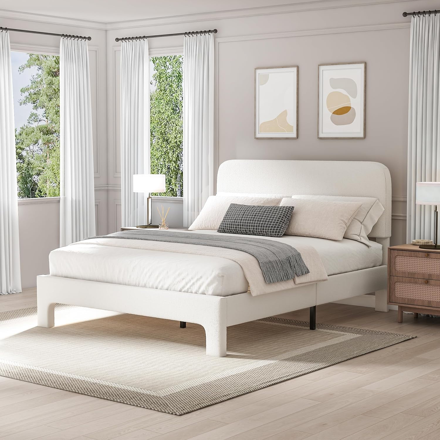wanan Queen Size Bed Frame, Upholstered Bed Frame Queen with Rounded ...