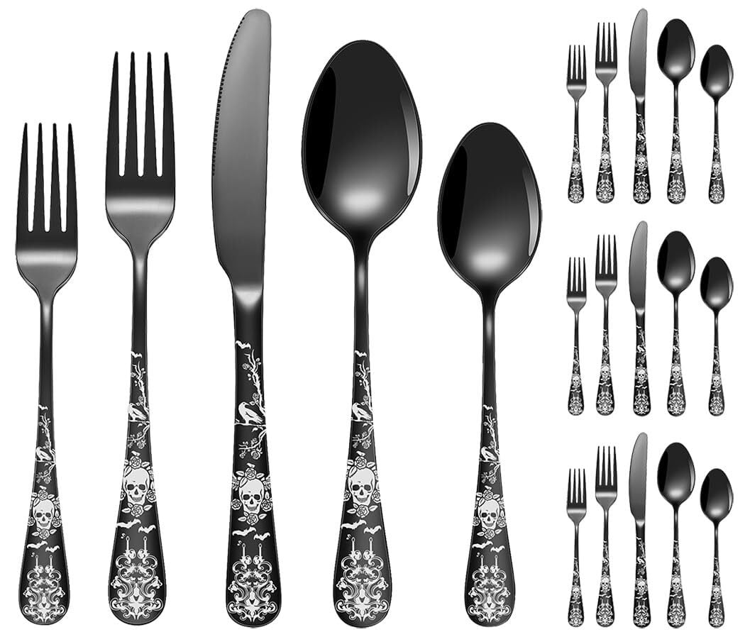 wangqiang Black Bizarre Skull Silverware Set, Gothic Stainless Steel ...