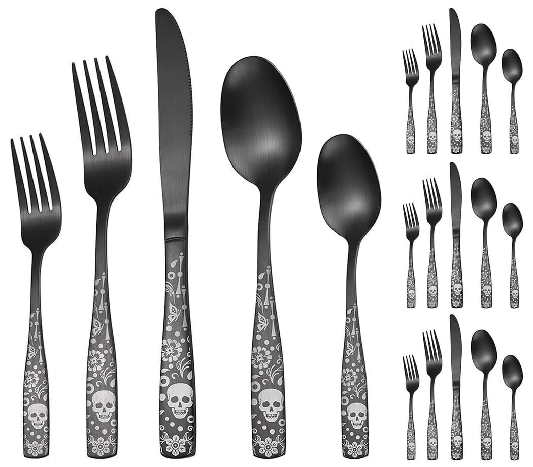 wangqiang Black Bizarre Skull Silverware Set, Gothic Stainless Steel ...