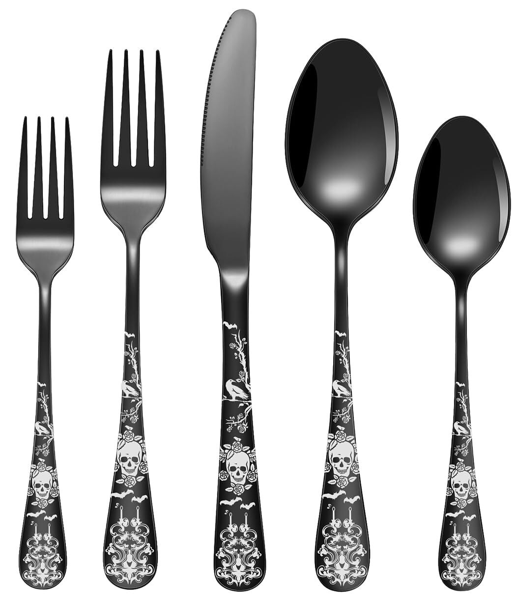 wangqiang Black Bizarre Skull Silverware Set, Gothic Stainless Steel ...