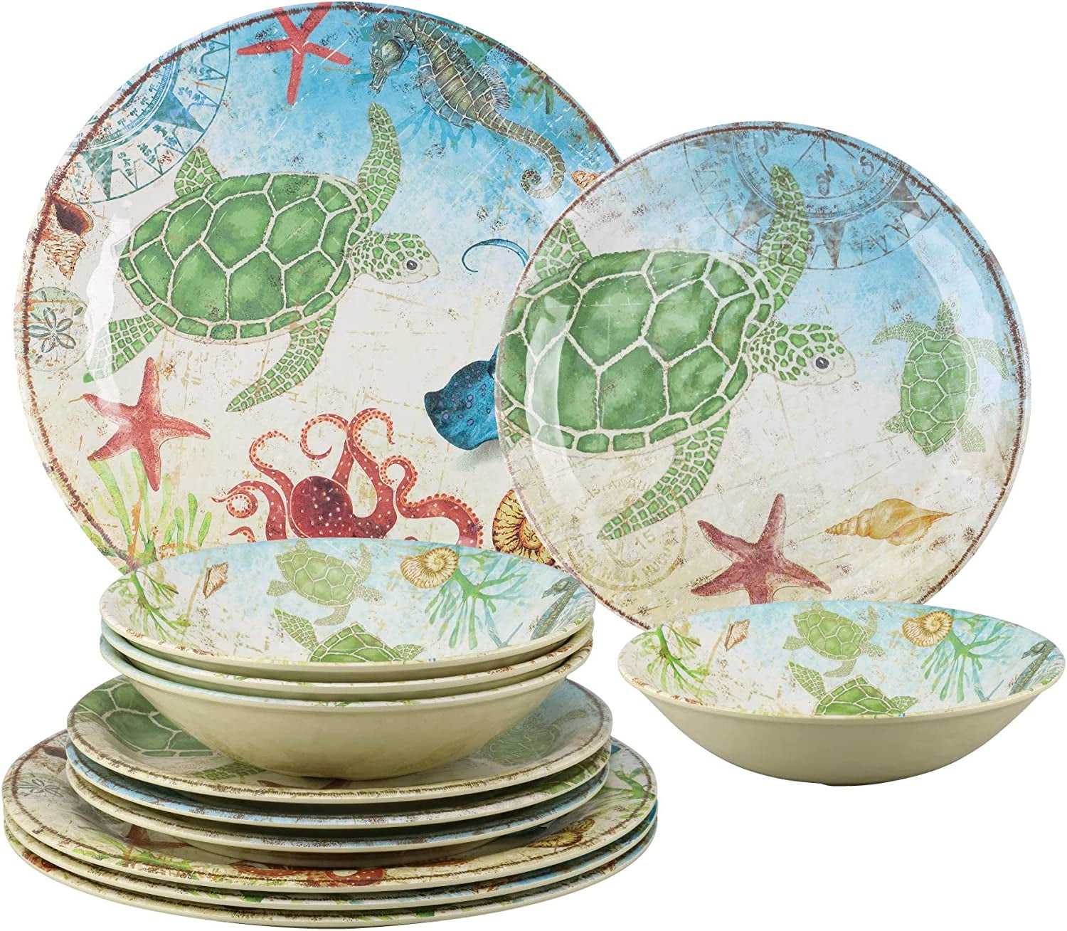 ware 12 Piece Sea Turtle Melamine Dinnerware Sets, Outdoor Dishes Set ...