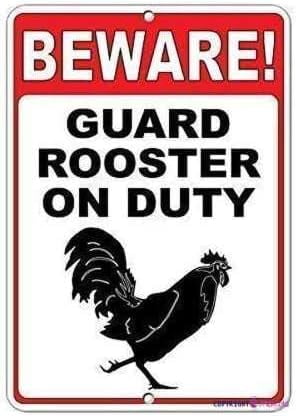 warning plaque Beware! Guard Rooster On Duty Funny Quote Metal For Wall ...
