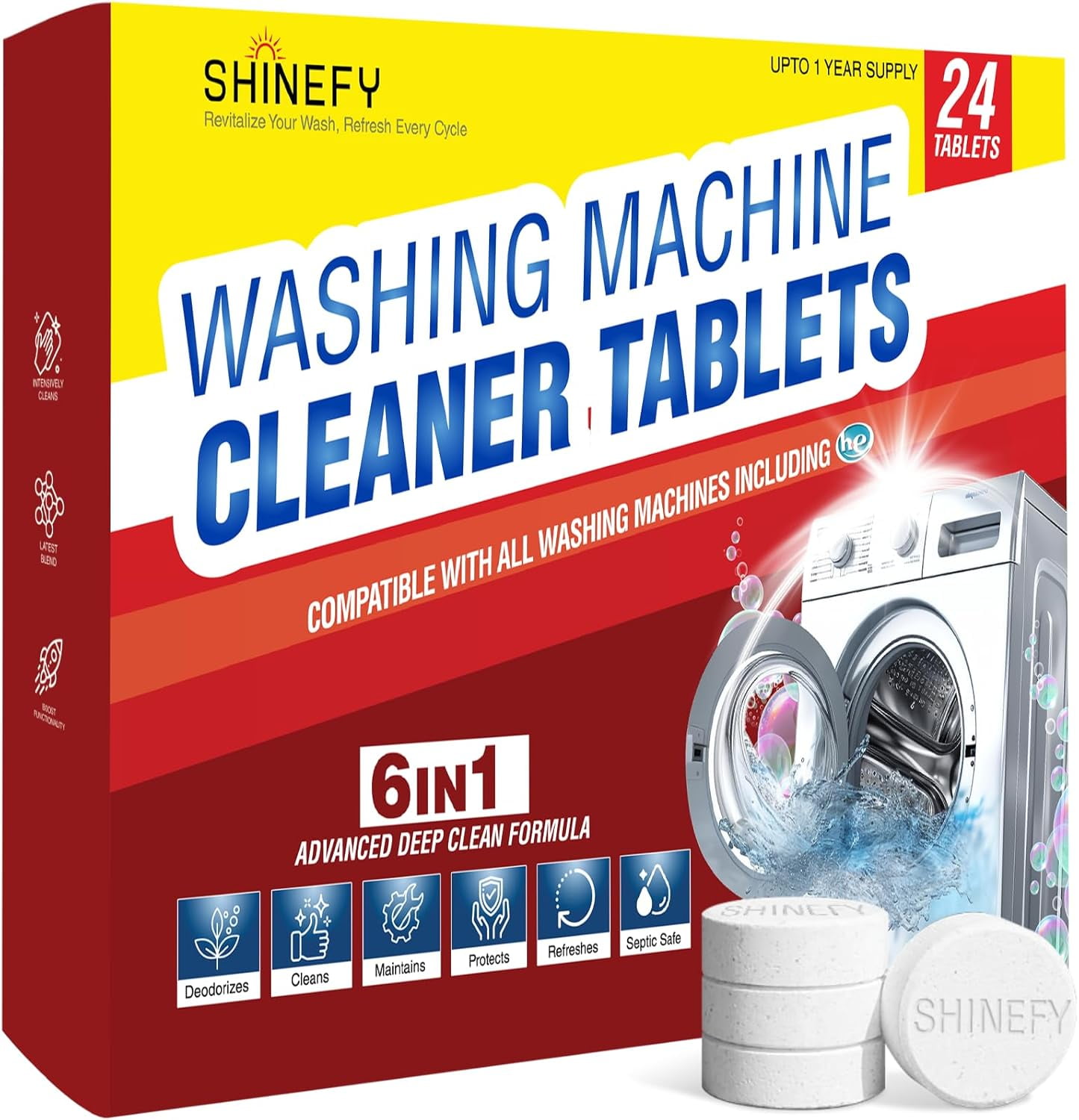 Washing Machine Cleaner Tablets - 24-Pack, 6-in-1 Formula for Top ...