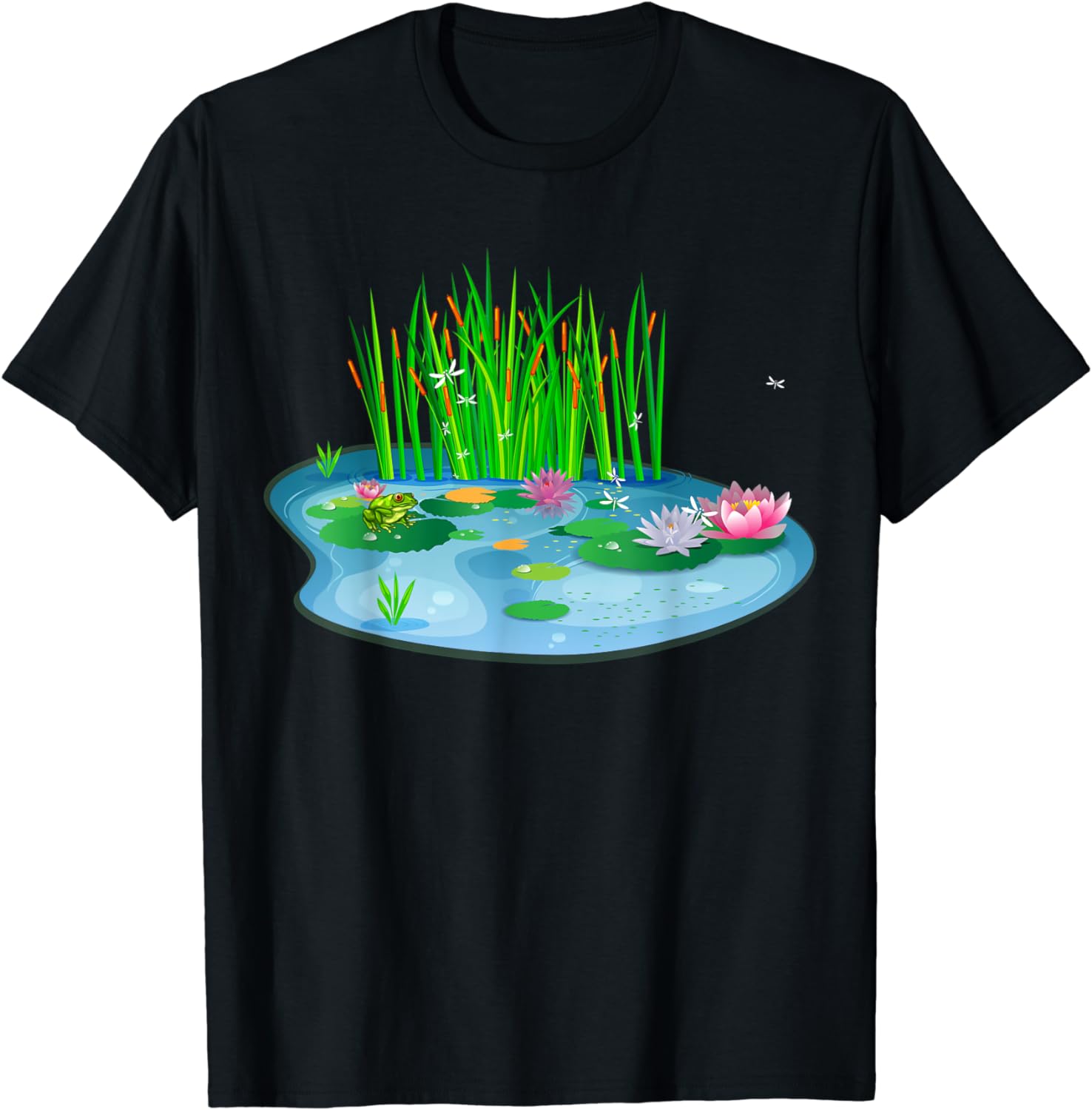 water lilies Pond with Frog on lily pad cattails Dragonflies T-Shirt ...