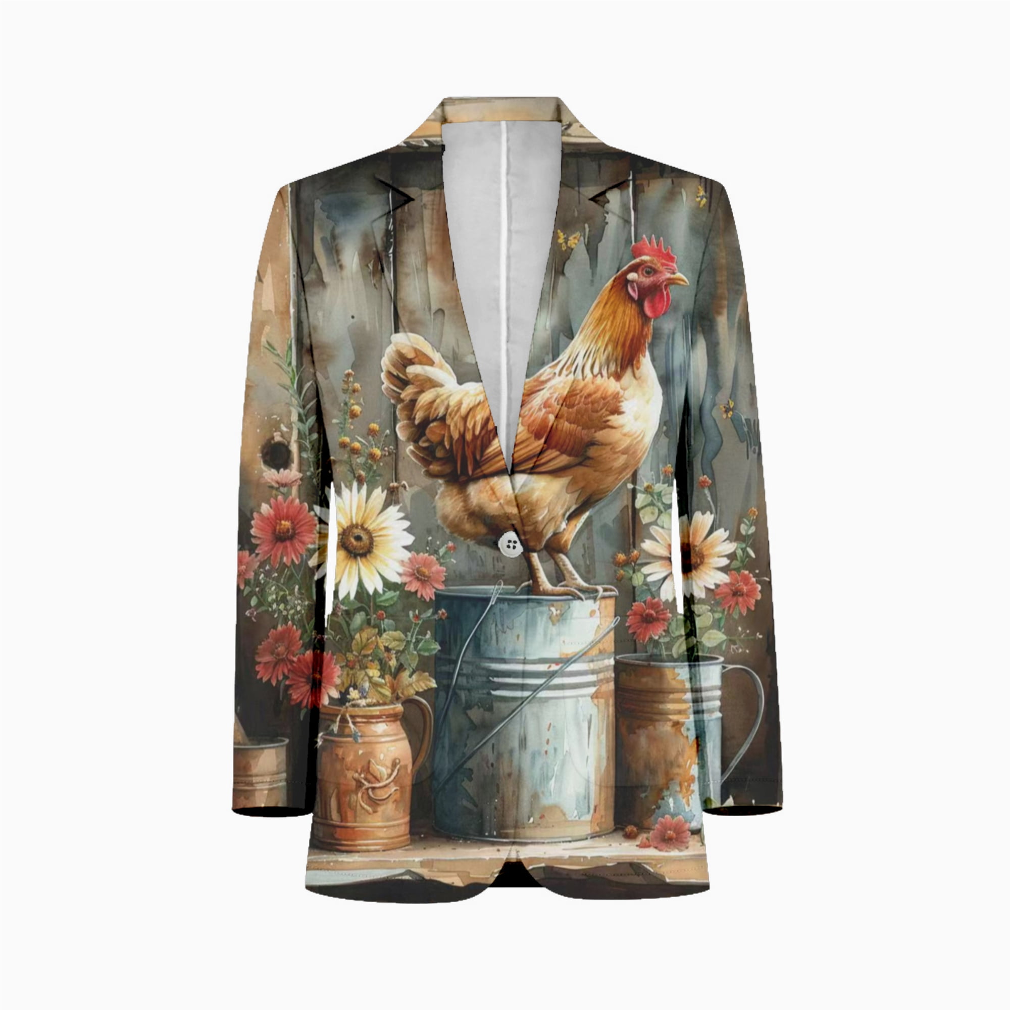 watercolor chicken in foreground flower Mens Suits Shawl Collar Slim ...