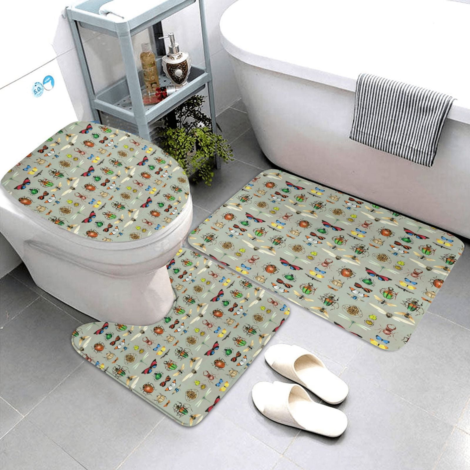 watercolour bugs pattern Bath Mat Set 3 Piece Non Slip Rug Toilet Lid ...