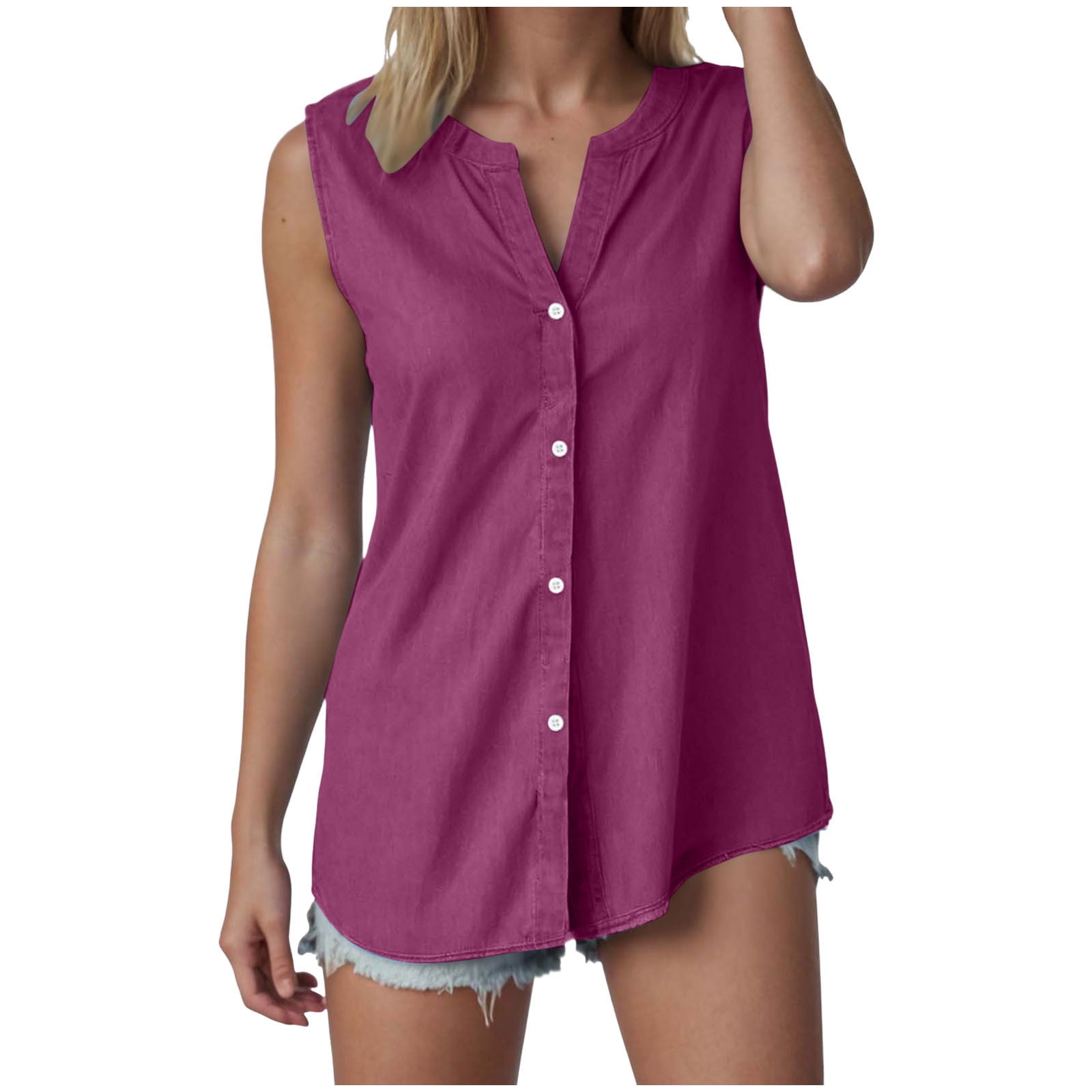 wddddd Women's Casual V Neck Tank Top Sleeveless Button Design for All ...