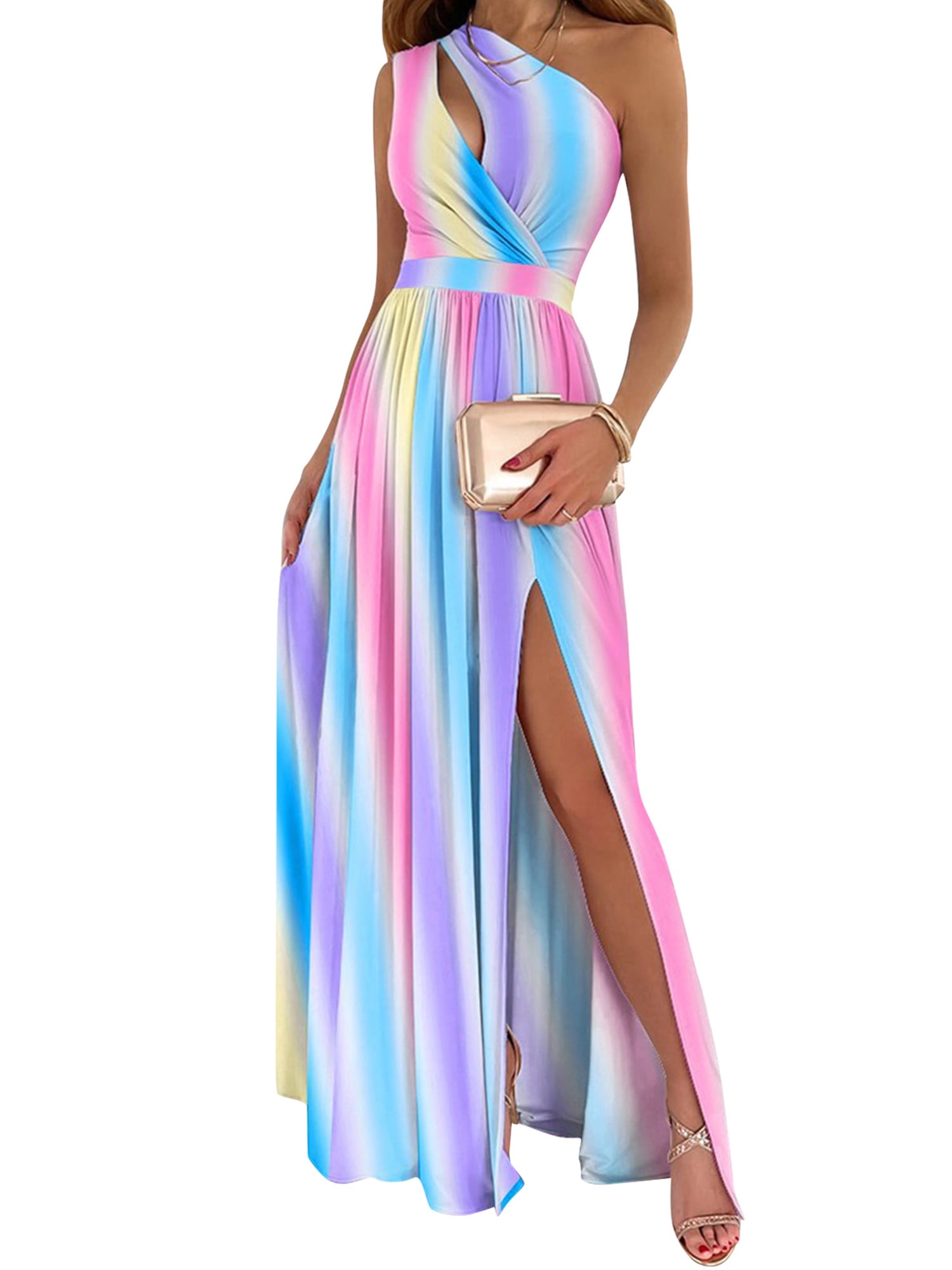 Wdehow Women One Shoulder Hollow Slit Long Dress Elegant Sleeveless