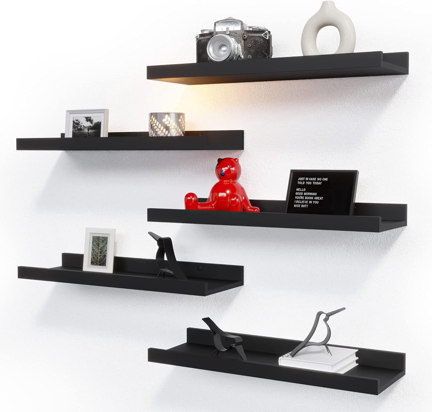 wecgfvo 5ps 15.7 Inch Long Floating Bookshelf for Kids Room Black Wall ...