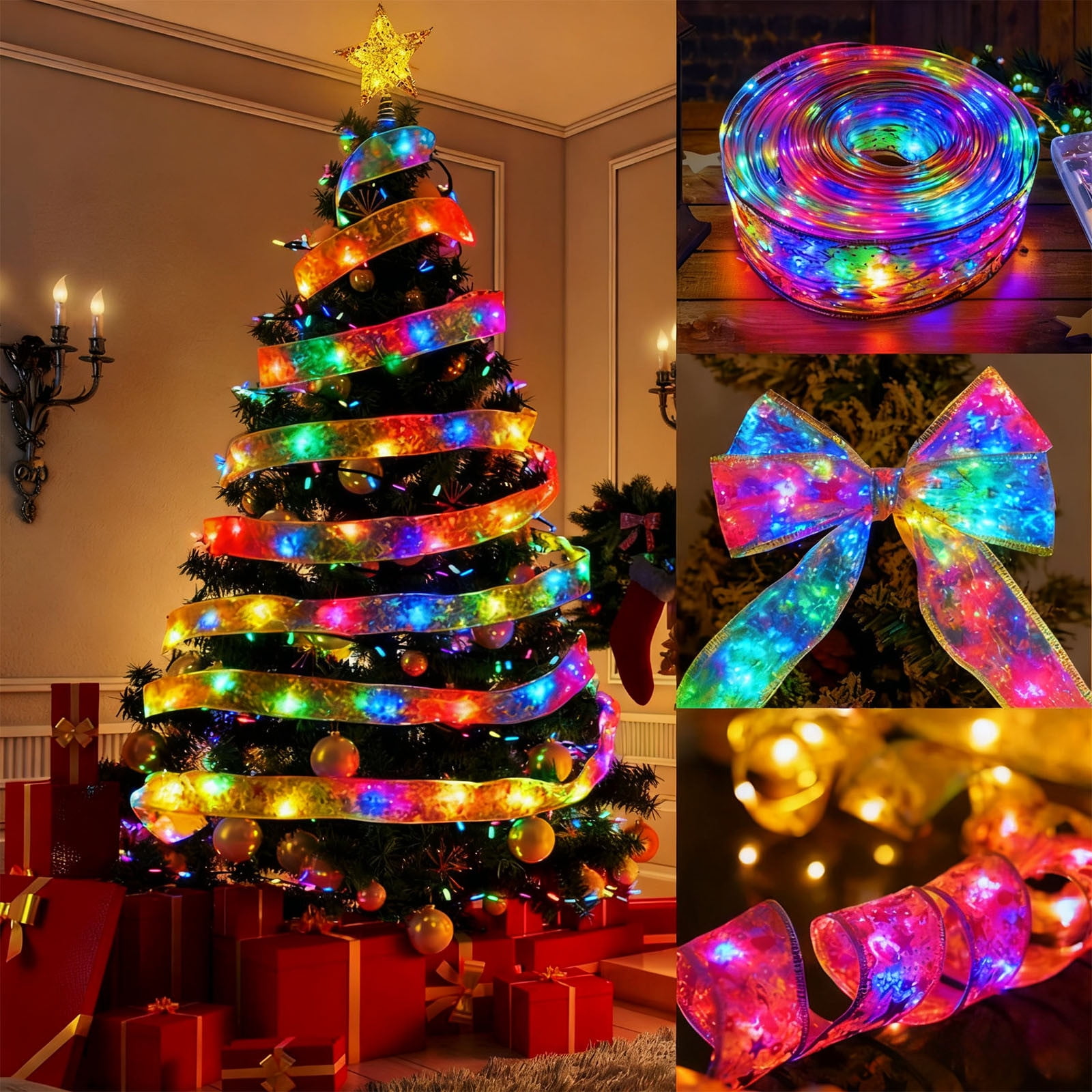 weibbin 16-Foot LED Ribbon Light String, Double Layer Gold Satin Ribbon ...
