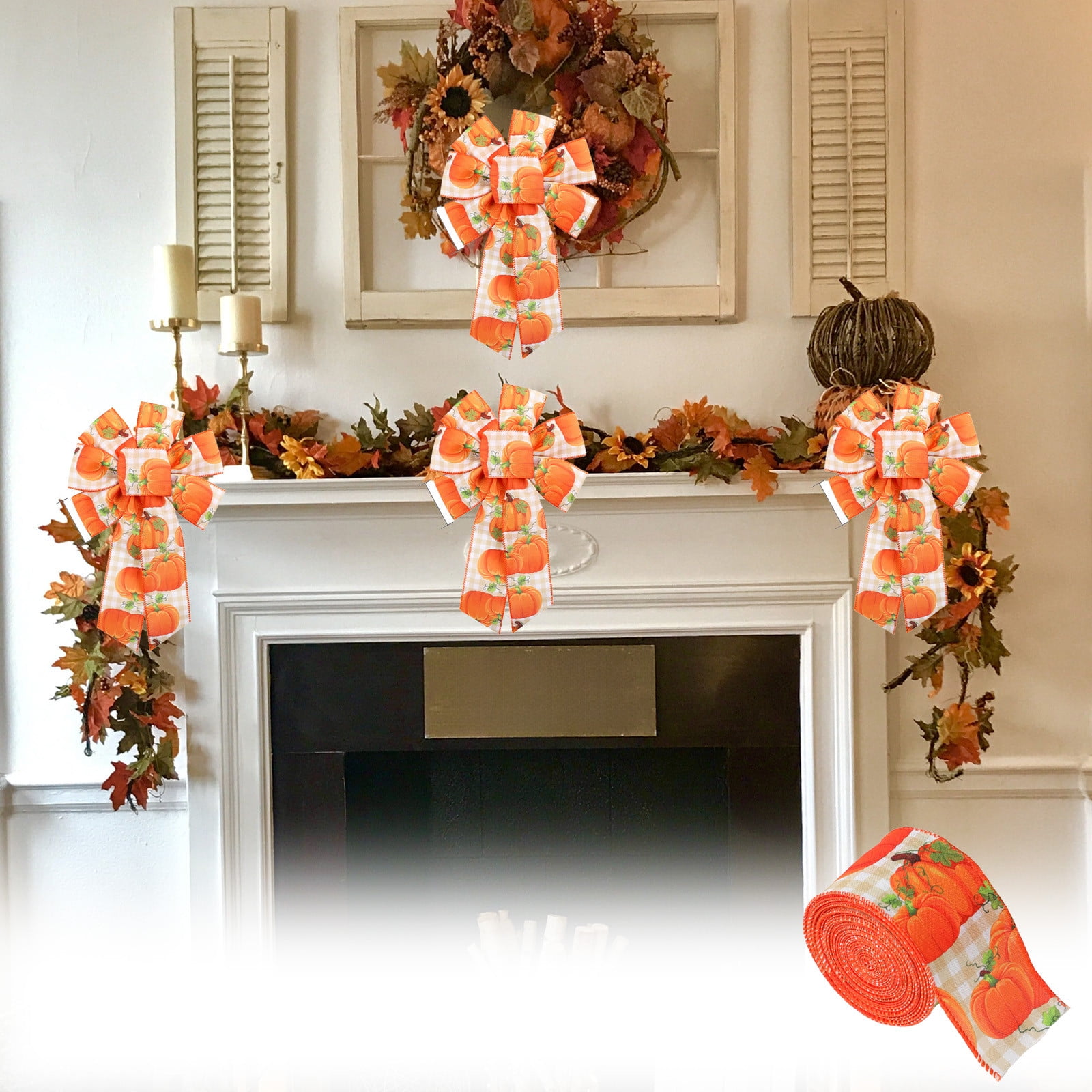 weibbin Fall Wired Edge Ribbons Pumpkin Maple Leaves Fabric Ribbon ...