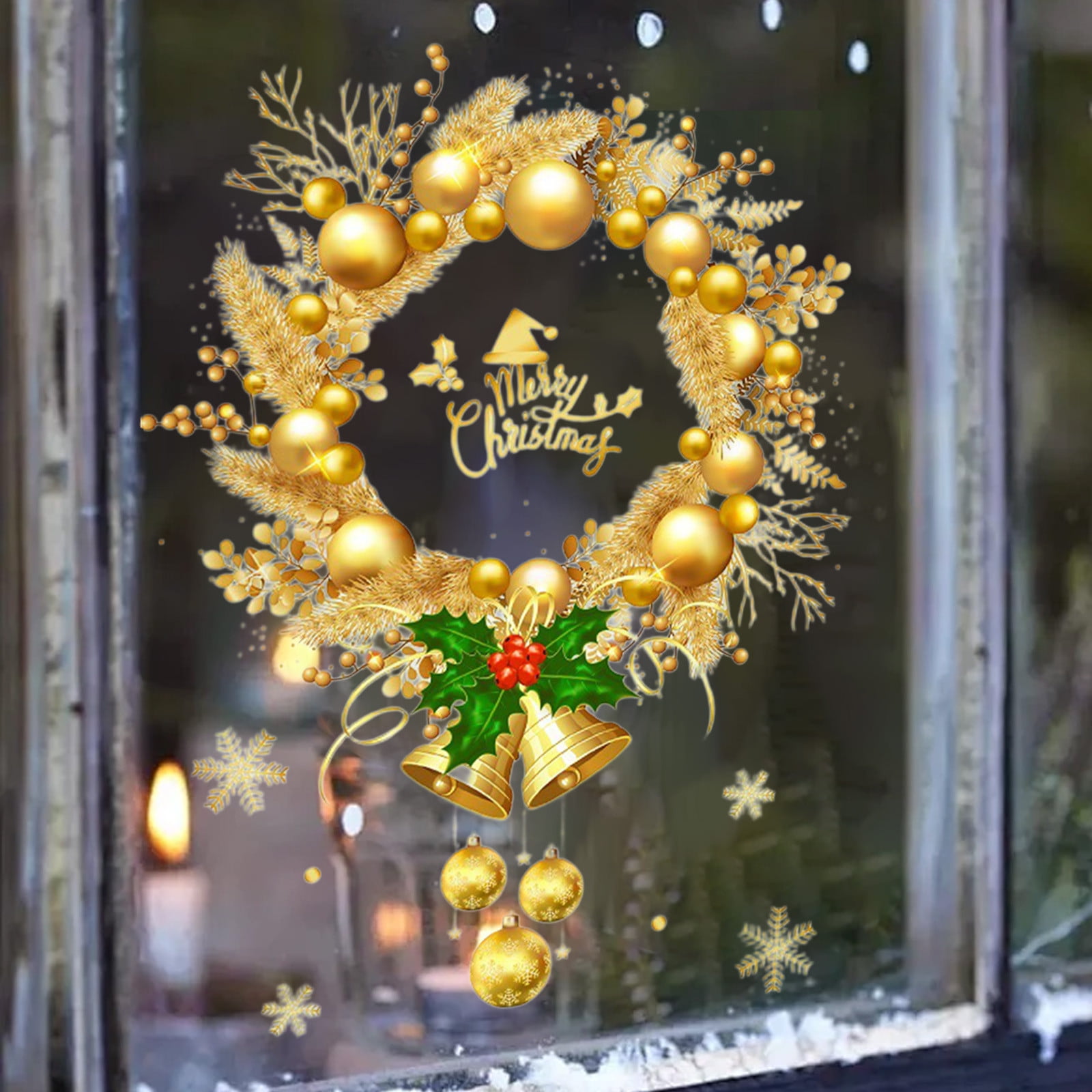 weibbin Gold Christmas Wreath - Window Clings for Glass - Static Wall ...