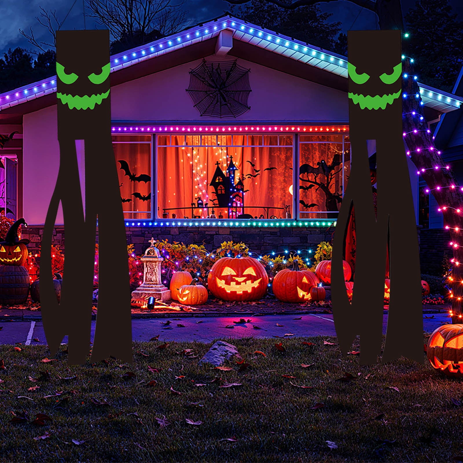 weibbin Halloween Ghost Windsocks Flag with Lights Halloween Outdoor ...